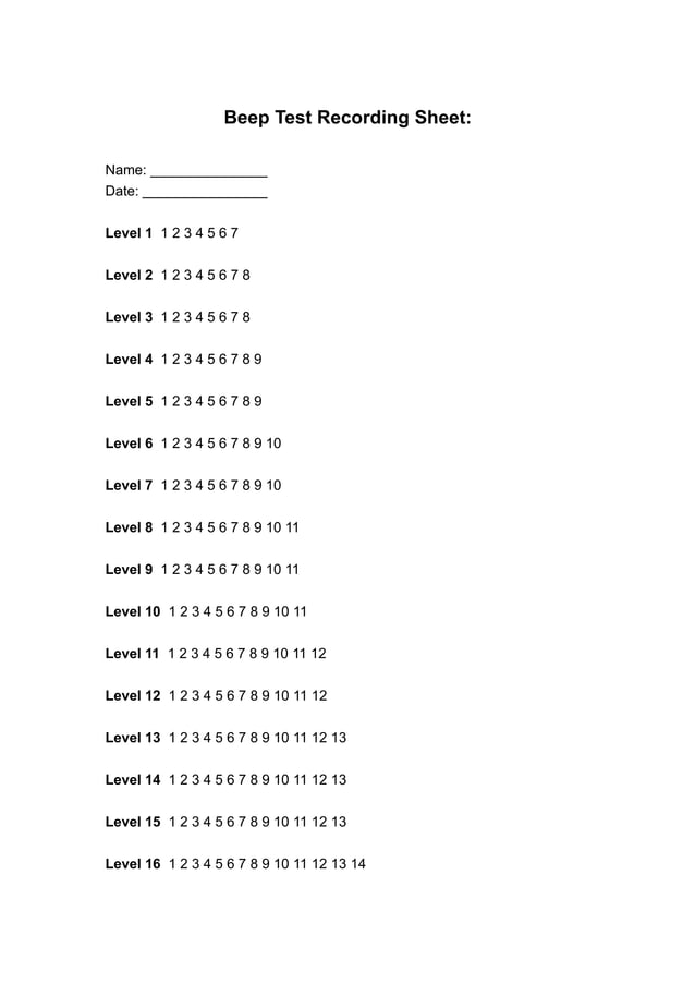 Beep test recording sheet | DOC | Fitness and Exercise | Healthy Living