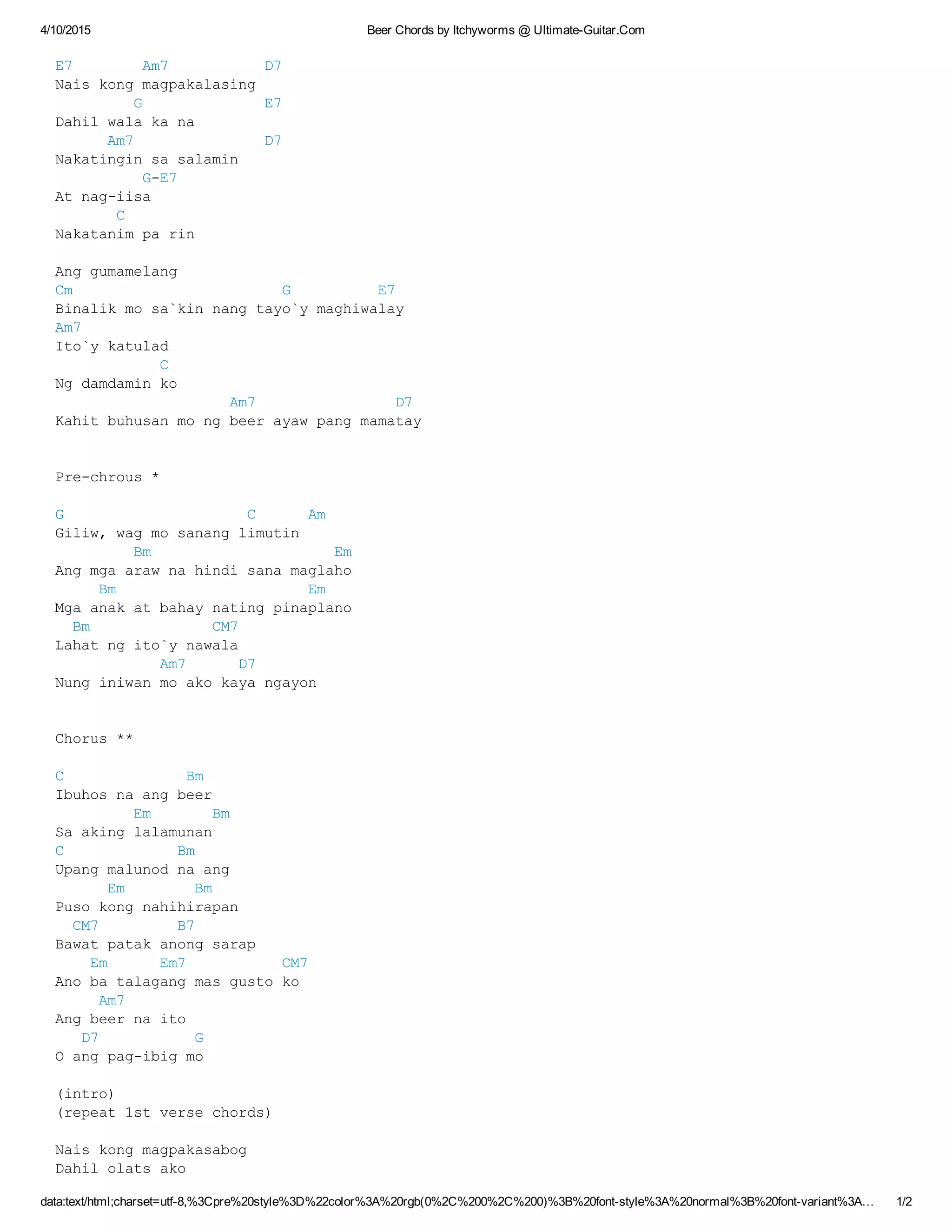 Beer chords by itchyworms @ ultimate guitar | PDF