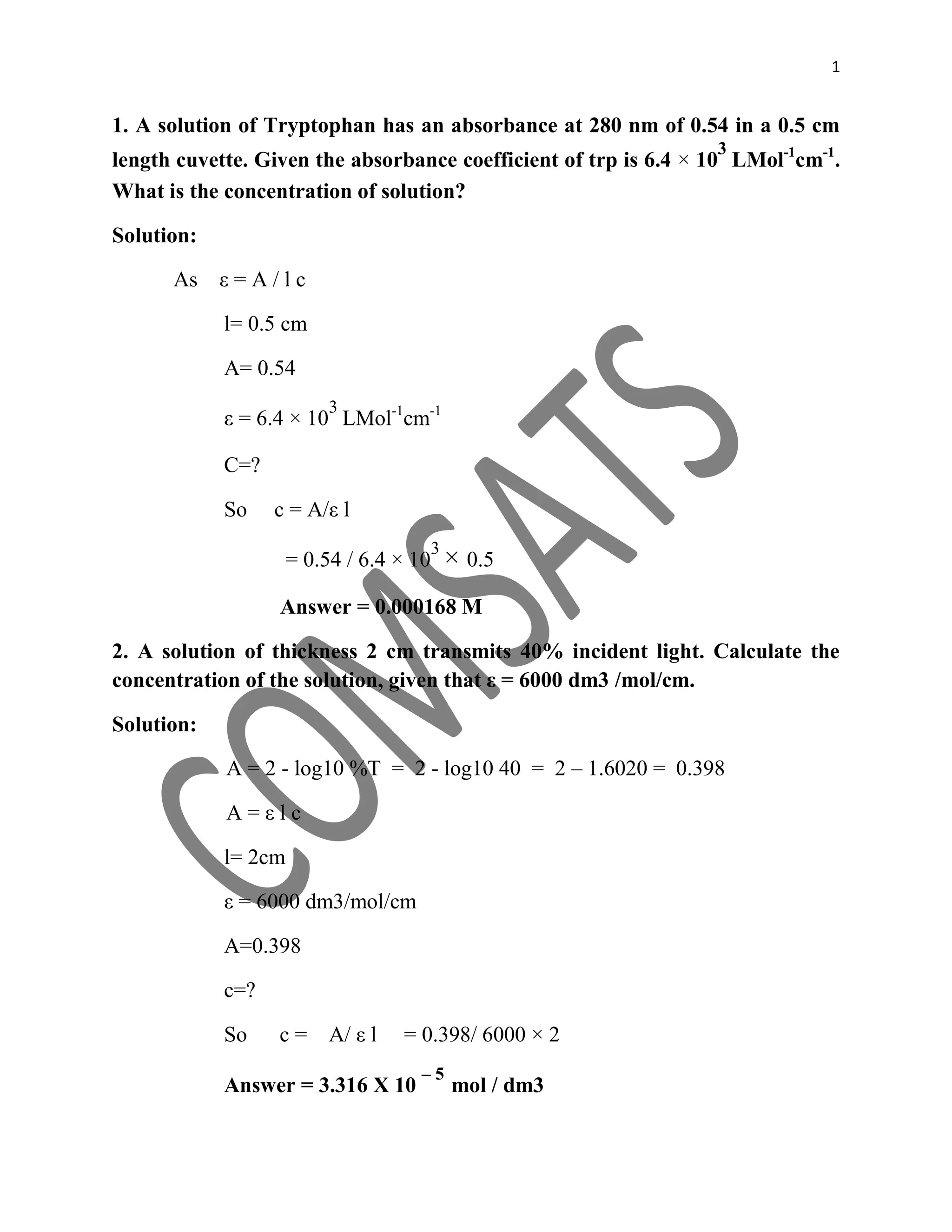 Beer Lambert Law solved problems | PDF