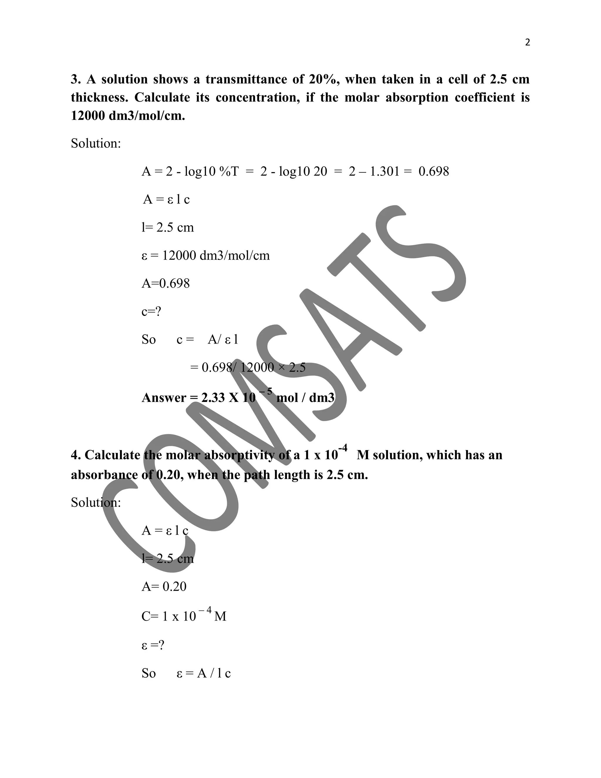 Beer Lambert Law solved problems | PDF