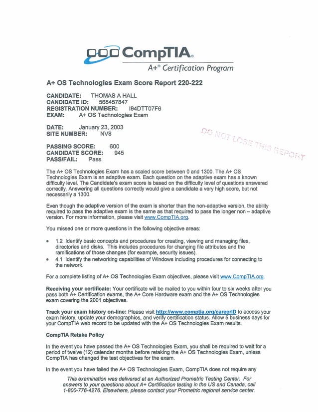 CompTIA A+ Exam Scores | PDF