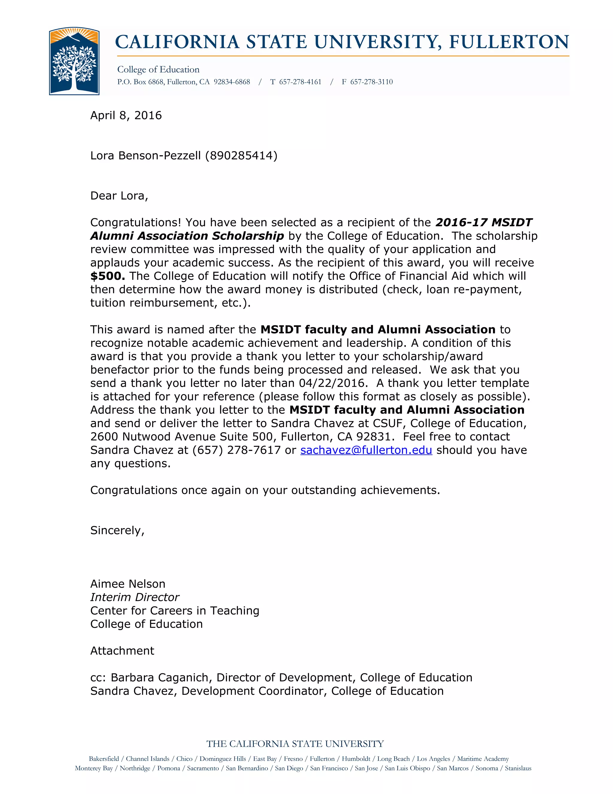 Scholarship recipient letter_Lora Benson-Pezzell | DOC