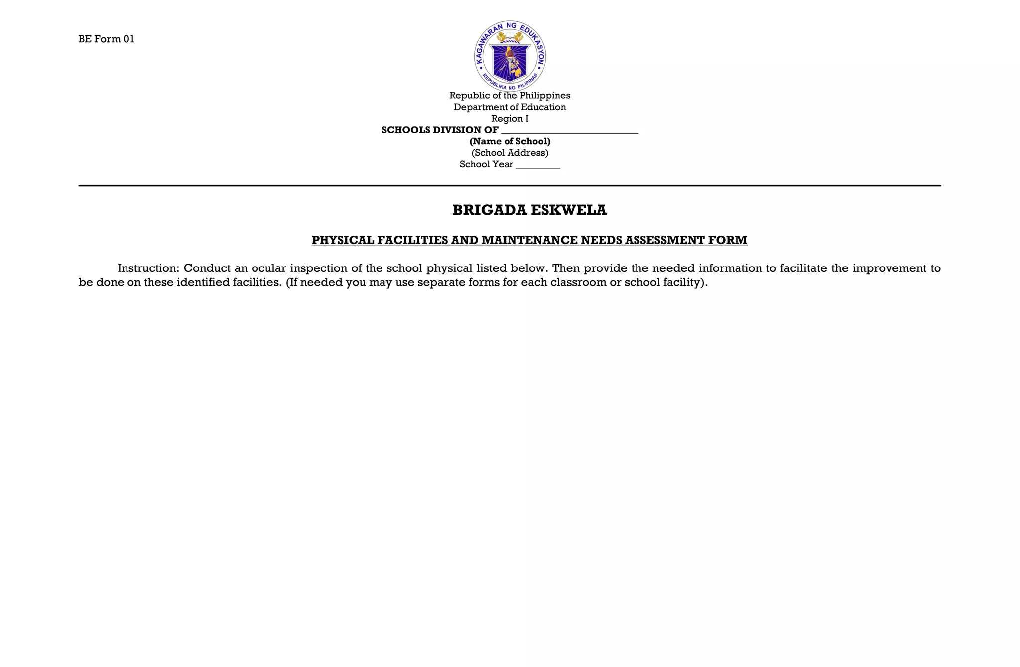 Be form 1 physical facilities and maintenance needs assessment form | DOC