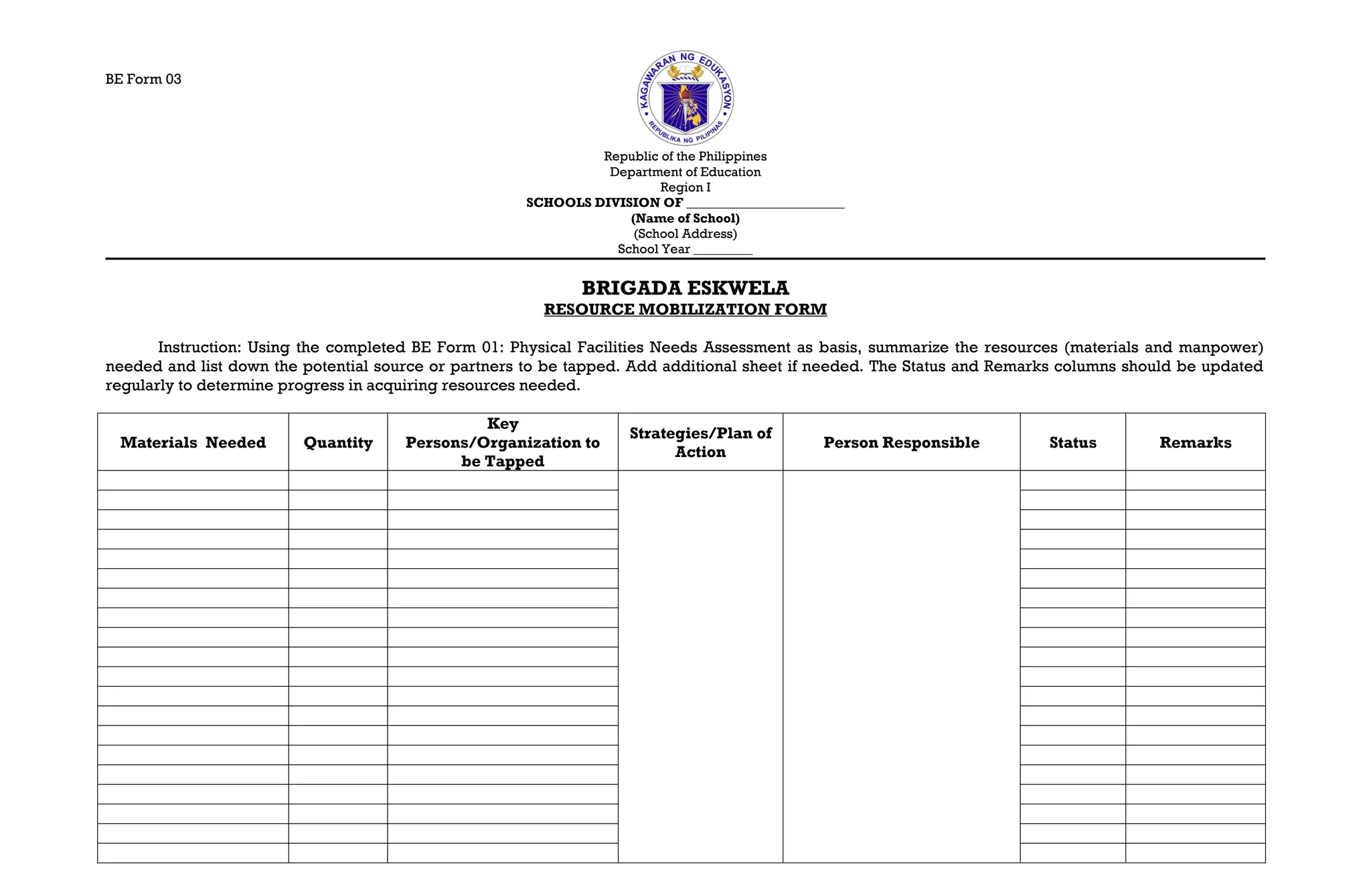 BE Form 3 - RESOURCE MOBILIZATION FORM.doc