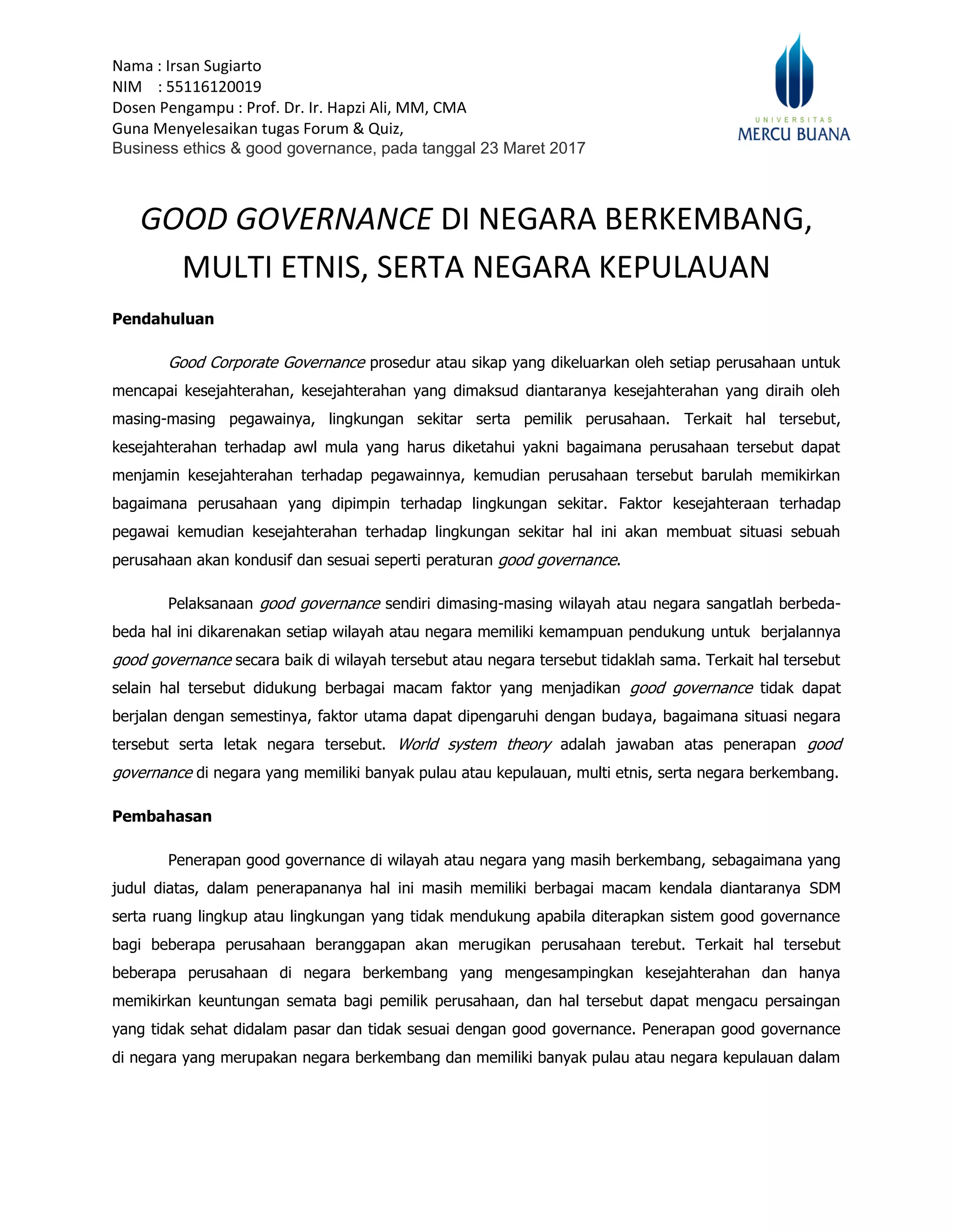 Be&gg,irsan sugiarto,prof. dr. ir. hapzi ali, mm, cma,good governance ...
