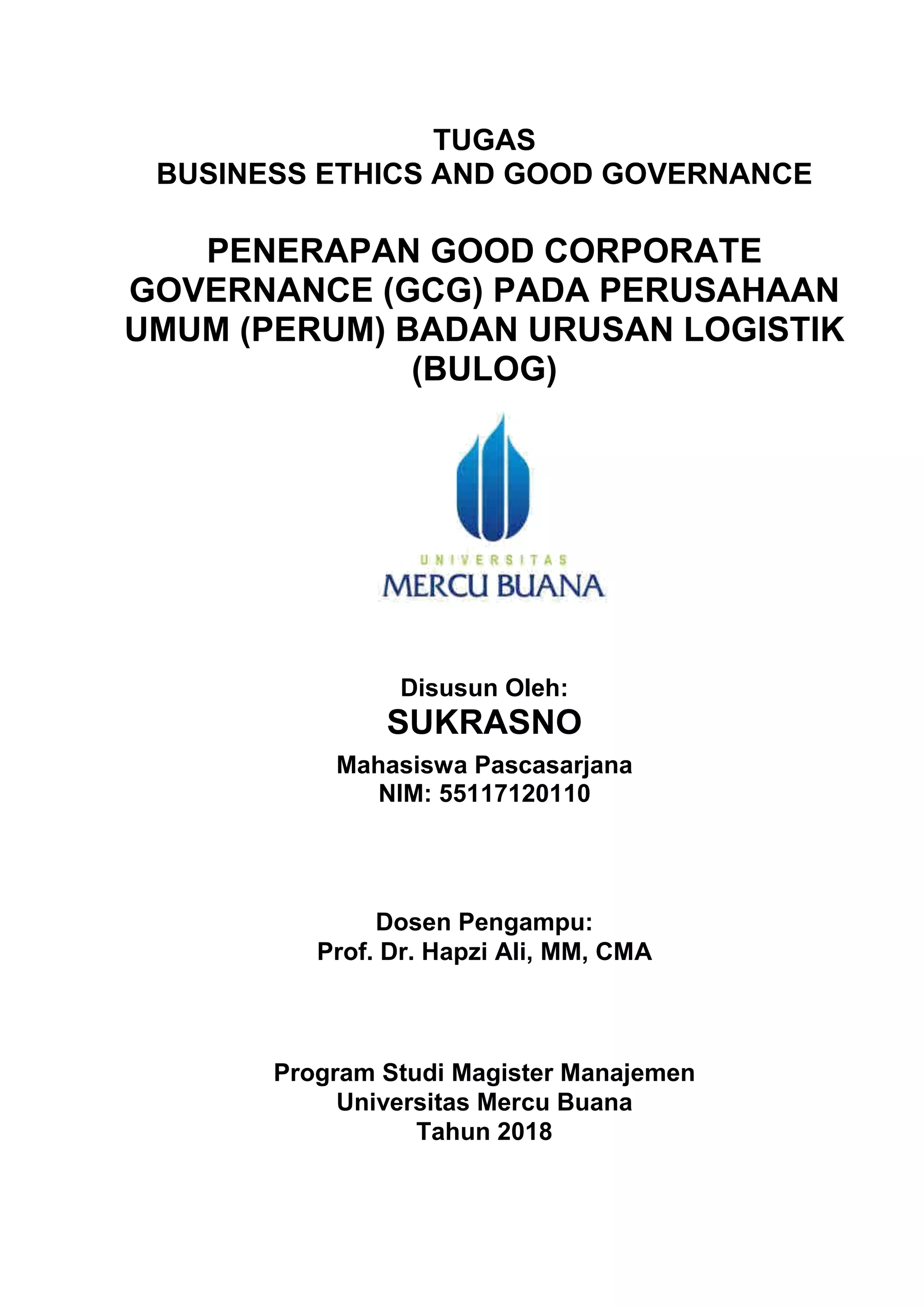 BE & GG, Sukrasno, Hapzi Ali, Penerapan GCG Pada Perum BULOG, Universitas Mercu Buana, 2018.PDF
