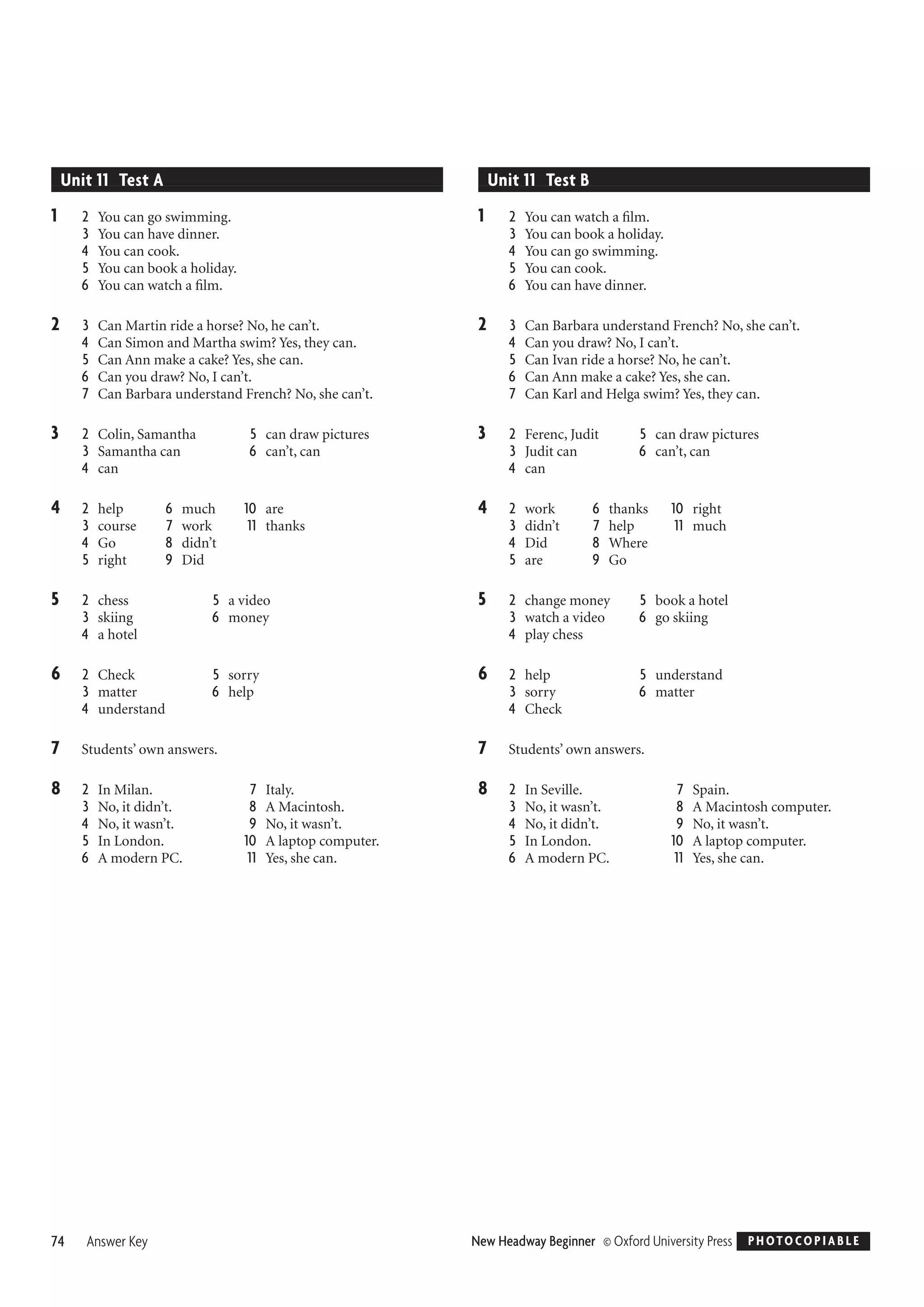 Beginner and elementary level test (sample) with embeded audio. | PDF