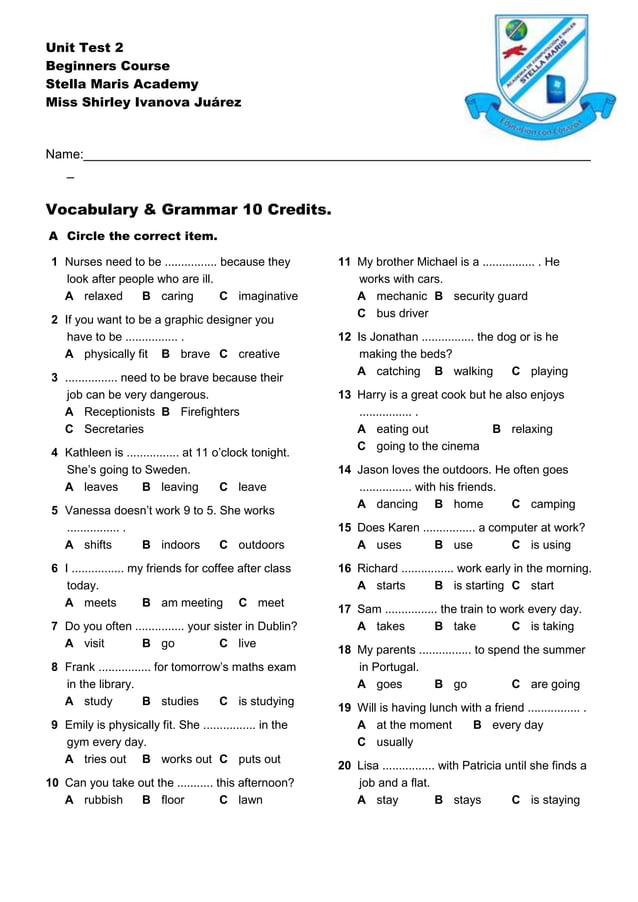 Beginners Unit Test 2 english level .doc