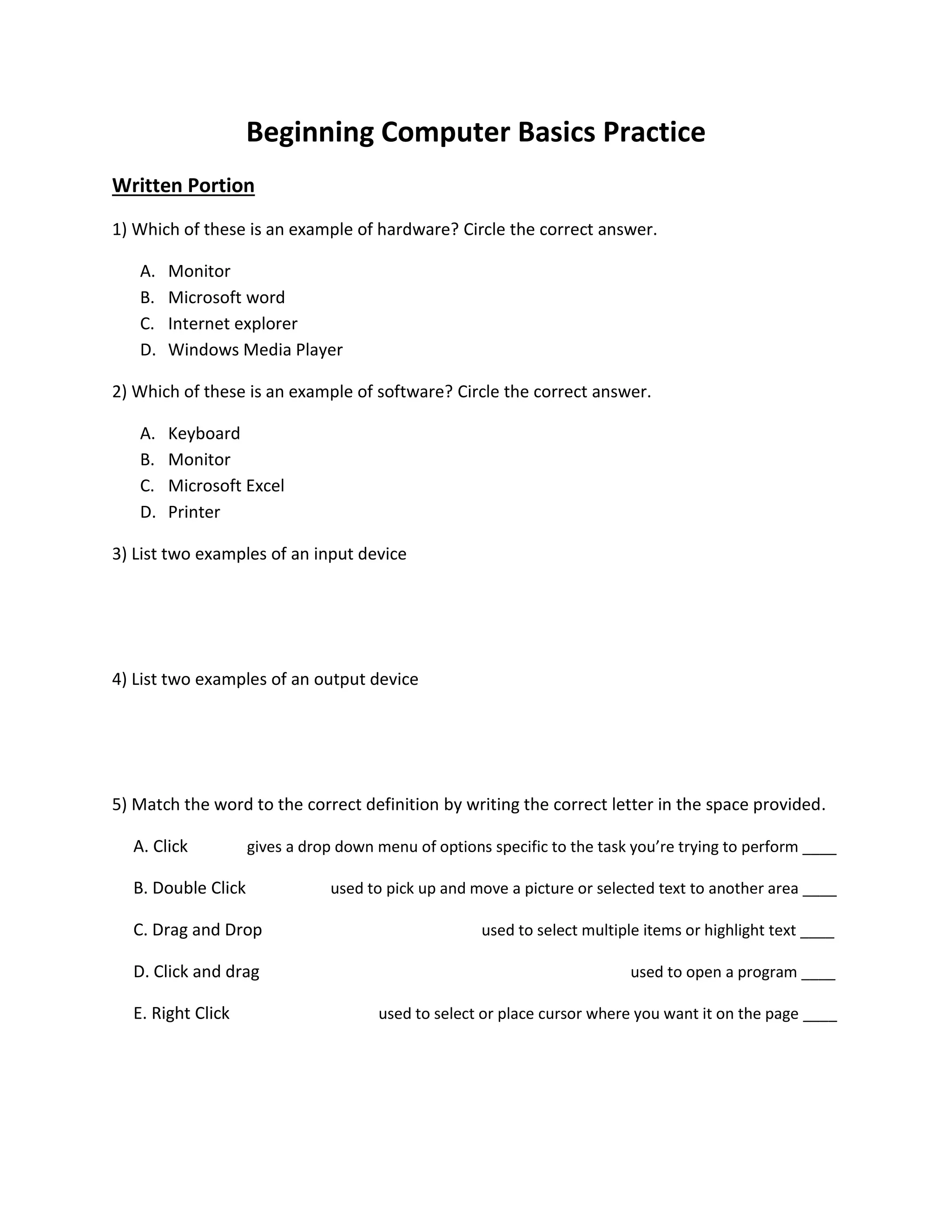 Beginning computer basics exercise | PDF