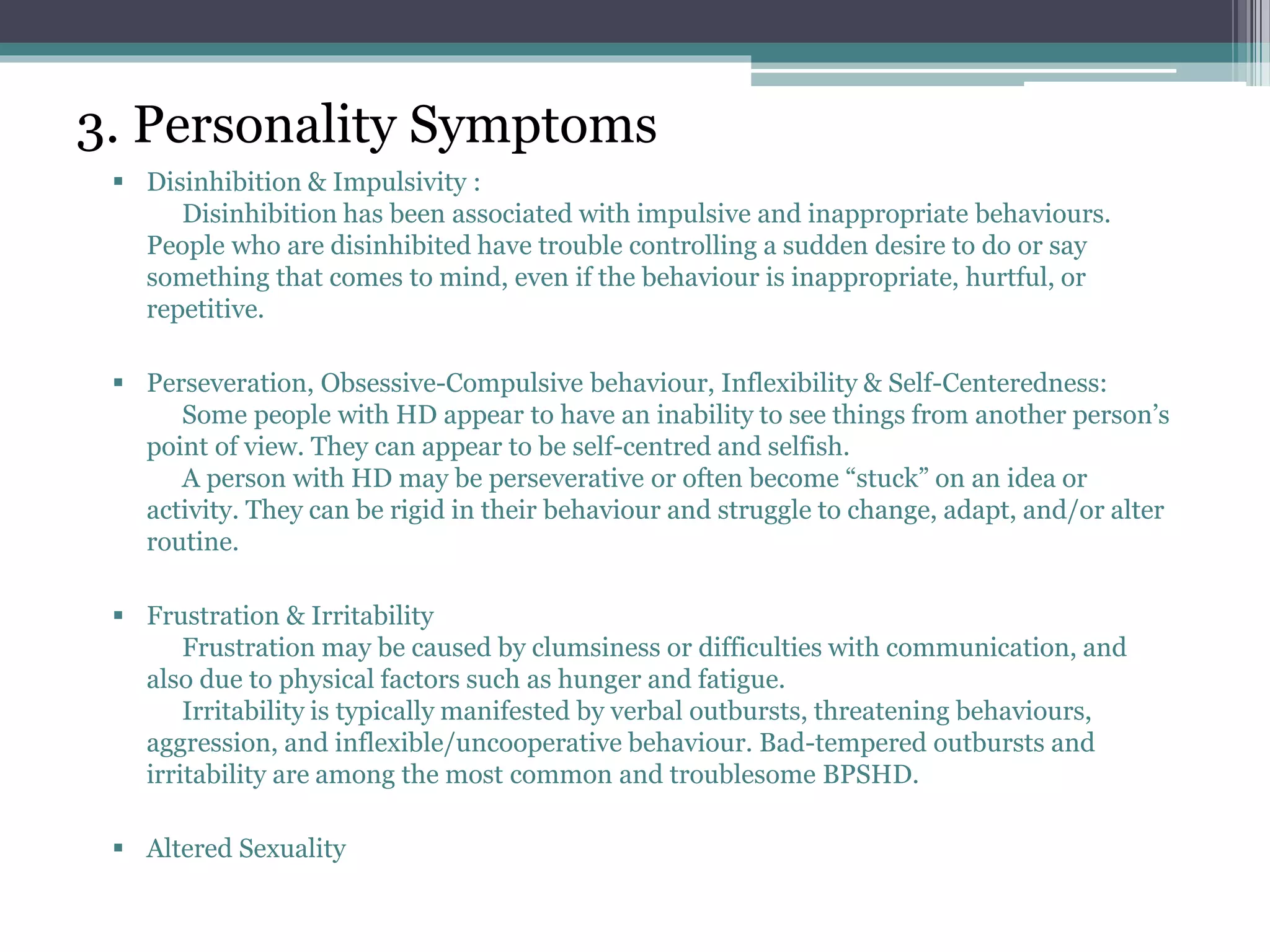 Behavioral and psychological effects of Huntington’s disease | PPTX