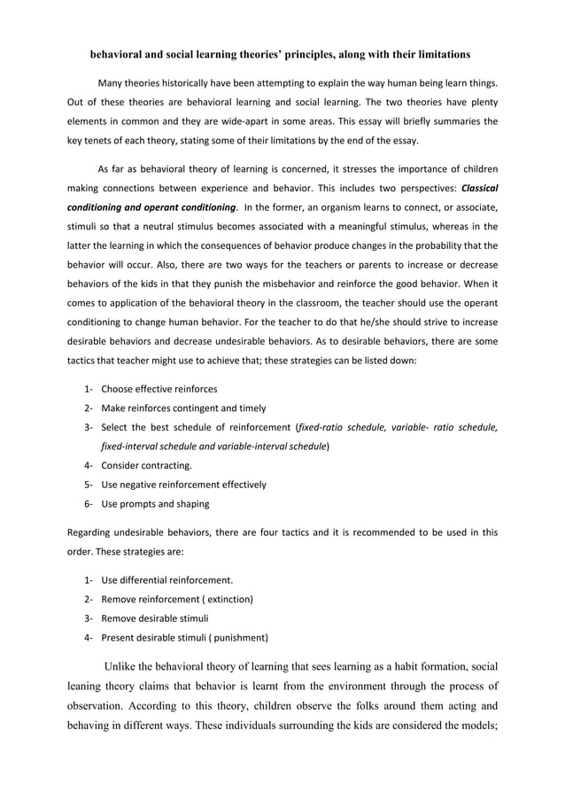 Behavioral and social learning theories’ principles, along with their ...