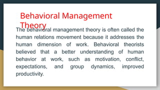 BEHAVIORAL MANAGEMENT THEORIES.powerpoint presentation | PPTX