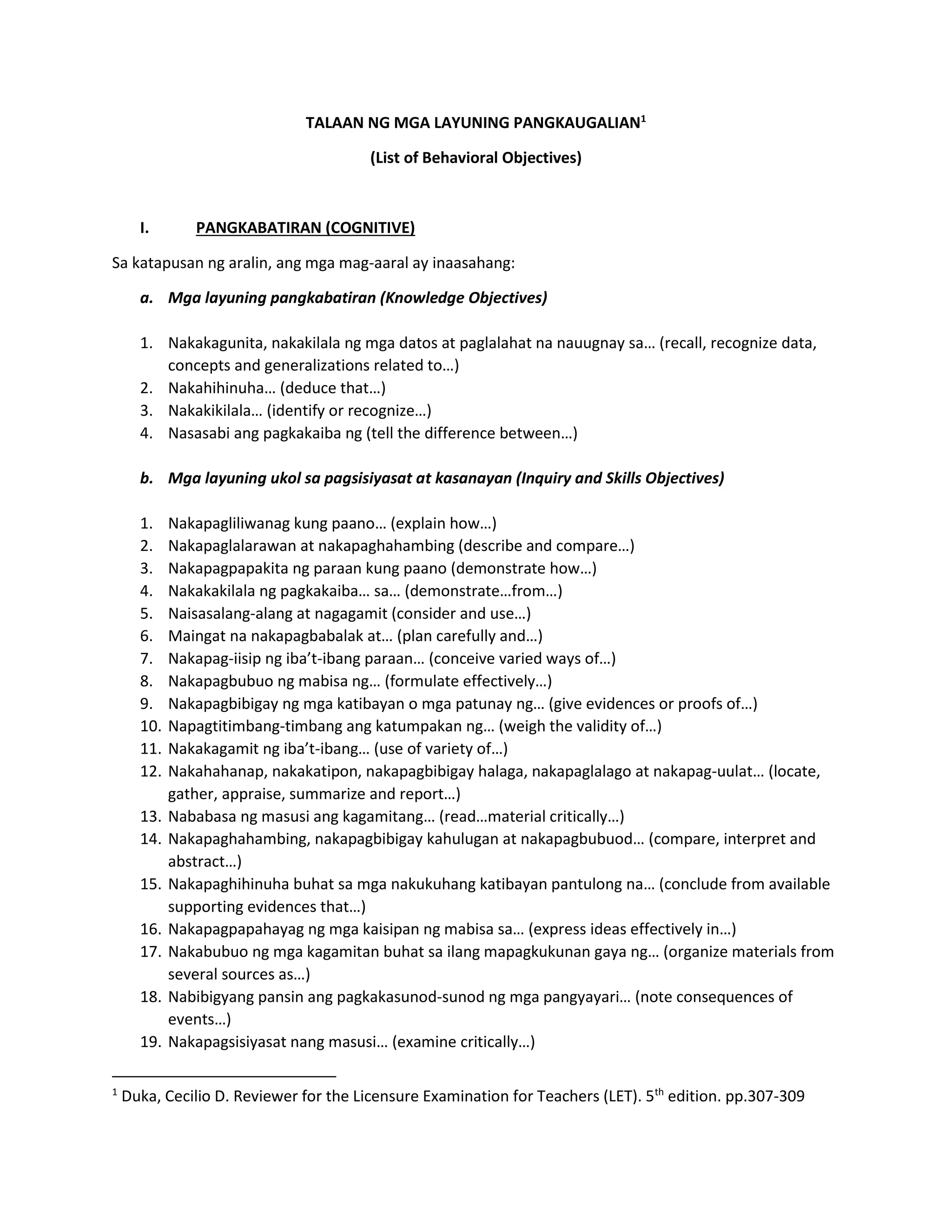 Behavioral Objectives in Filipino | PDF