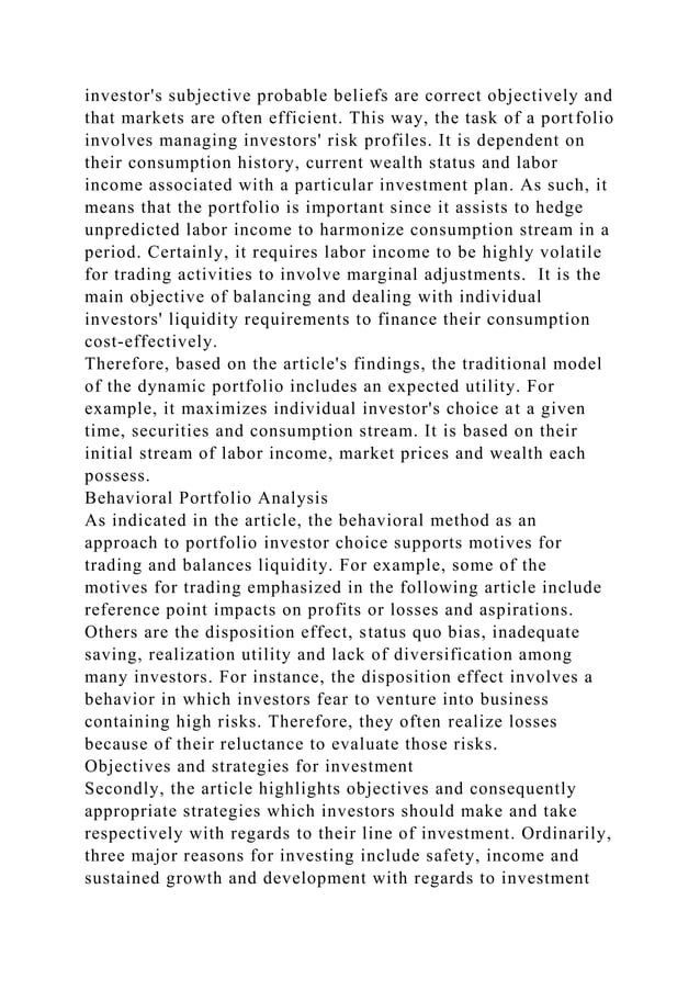 Behavioral Portfolio TheoryBehavioral portfolio theory(BPT), int.docx ...