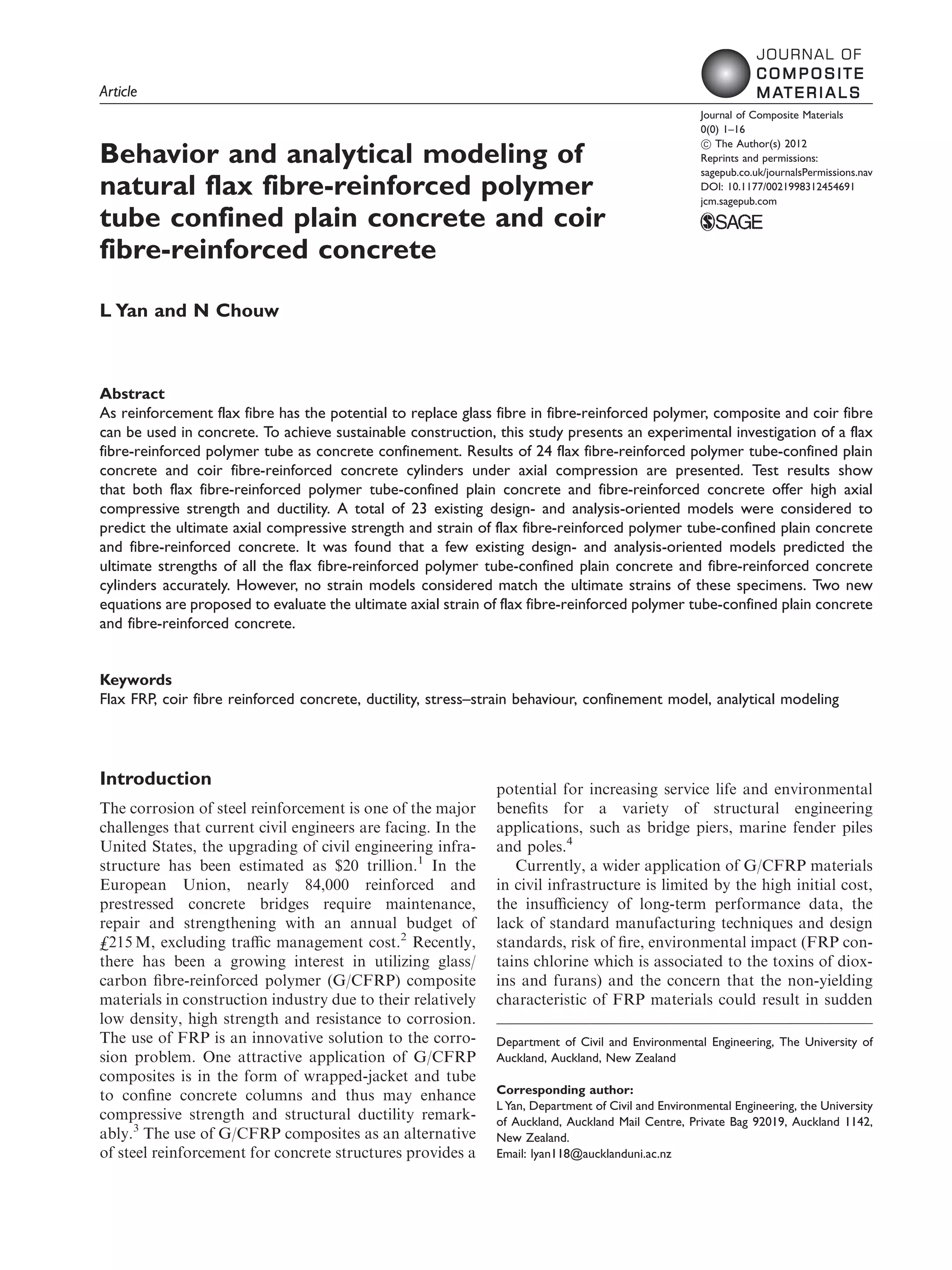 Behavior and analytical modeling of natural flax frp tube confined plain concrete and coir fibre ...