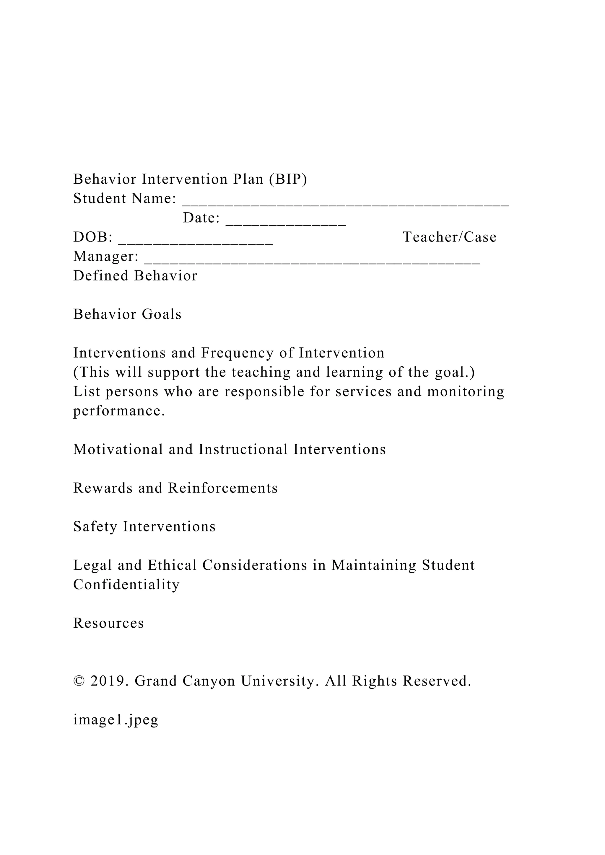Behavior Intervention Plan (BIP) Student Name ___________.docx ...