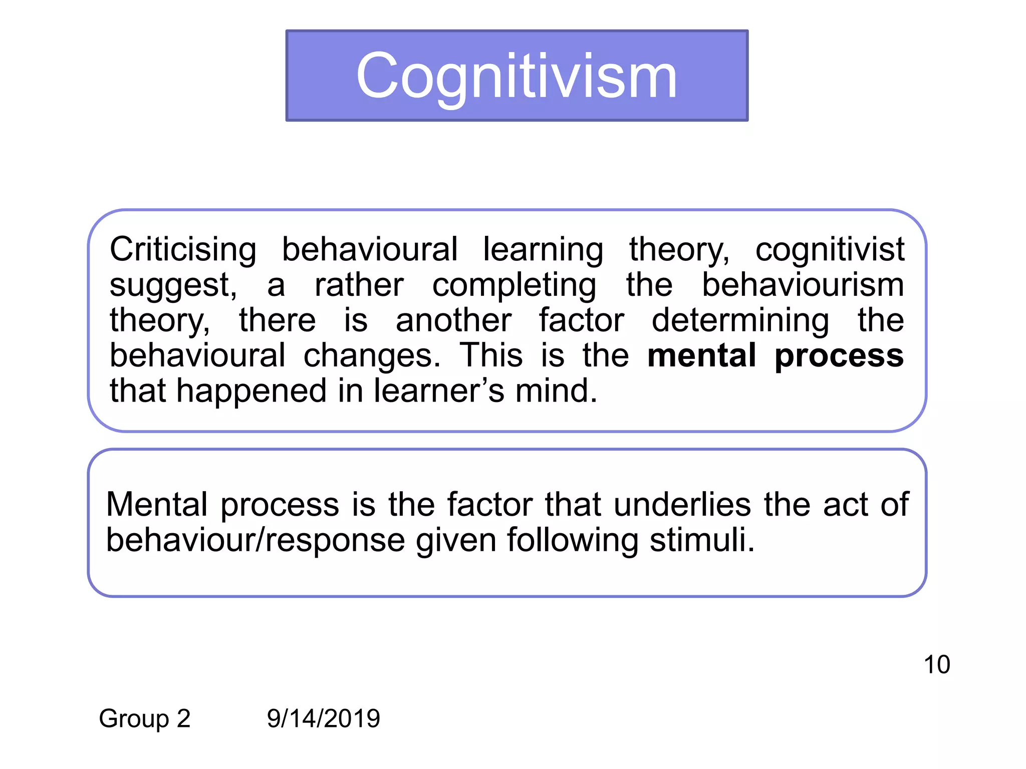 Behaviorism and Cognitivism Learning Theories by Group 2 | PPTX