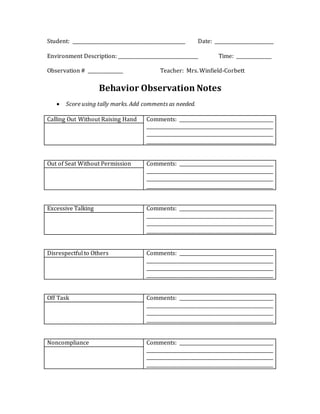 Behavior observation notes template | DOCX
