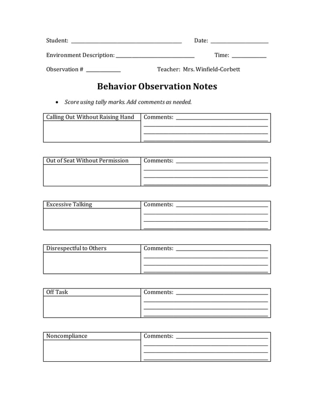 Behavior observation notes template | DOCX | Educational Assessment ...