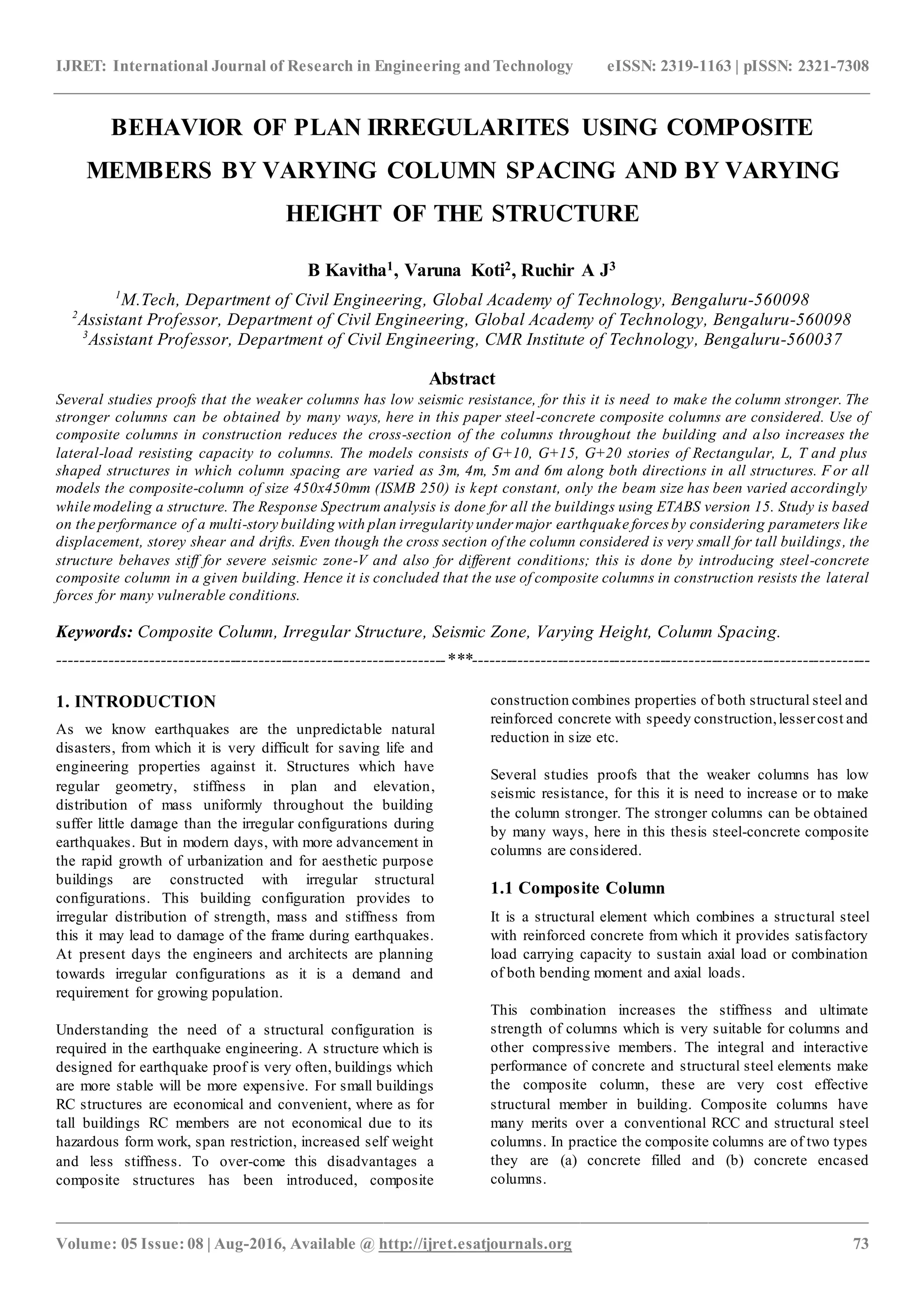 Behavior of plan irregularites using composite members by varying ...