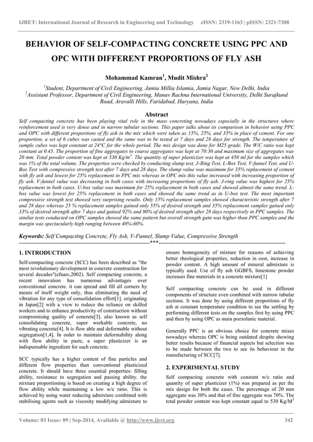 Behavior of self compacting concrete using ppc and opc with different proportions of fly ash | PDF