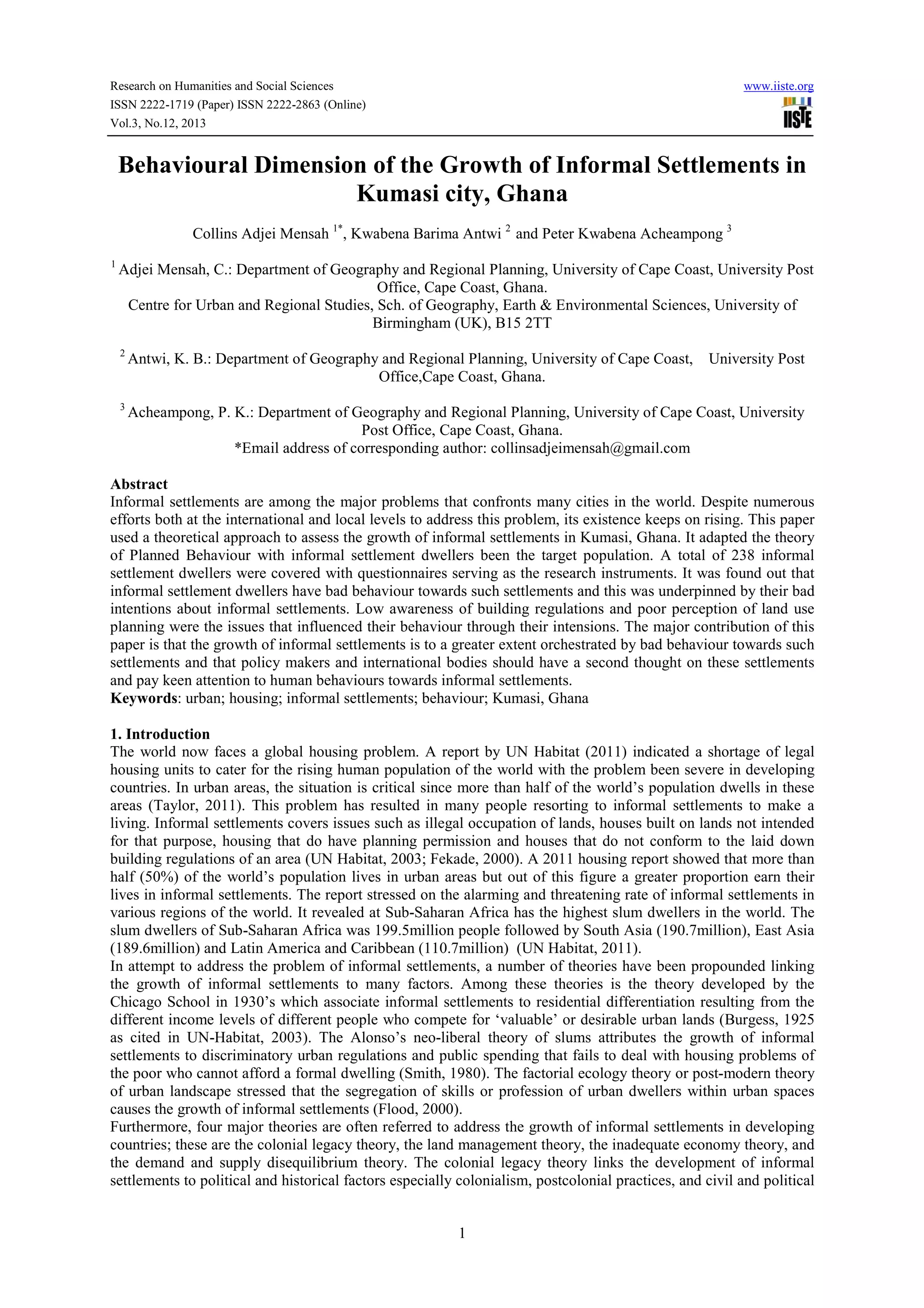 Behavioural dimension of the growth of informal settlements in kumasi ...