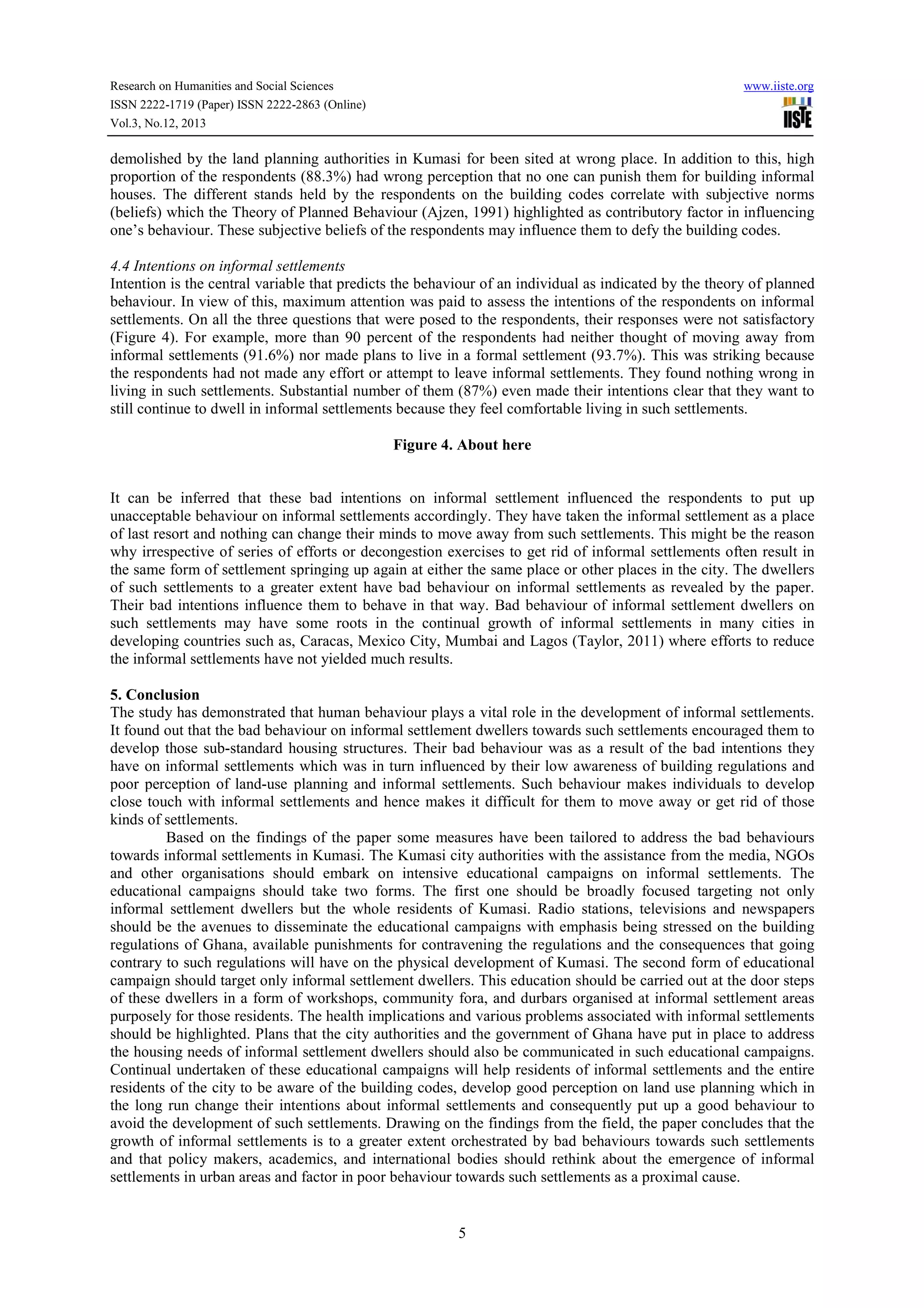Behavioural dimension of the growth of informal settlements in kumasi city, ghana | PDF