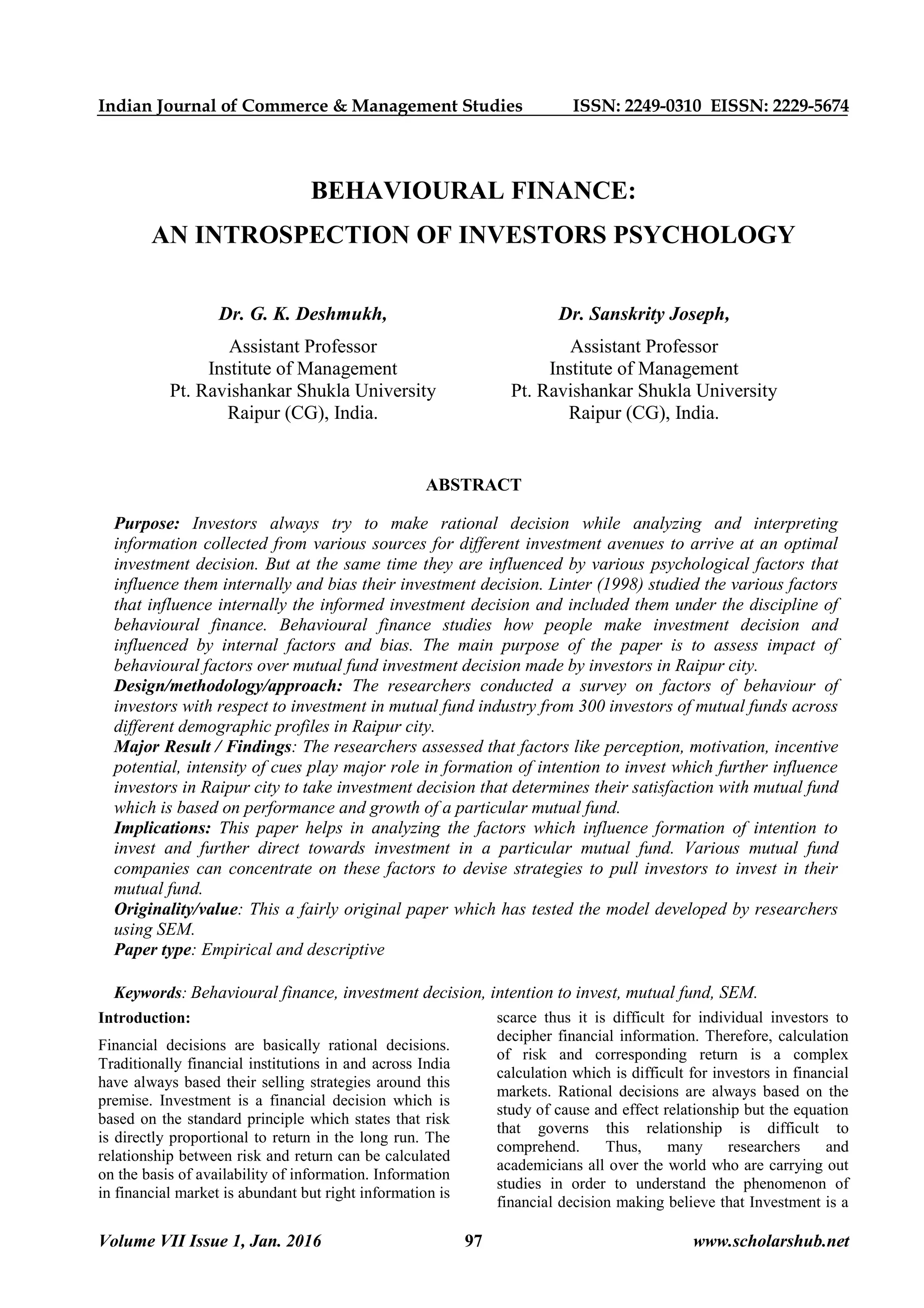 Behavioural Finance - An Introspection Of Investor Psychology | PDF