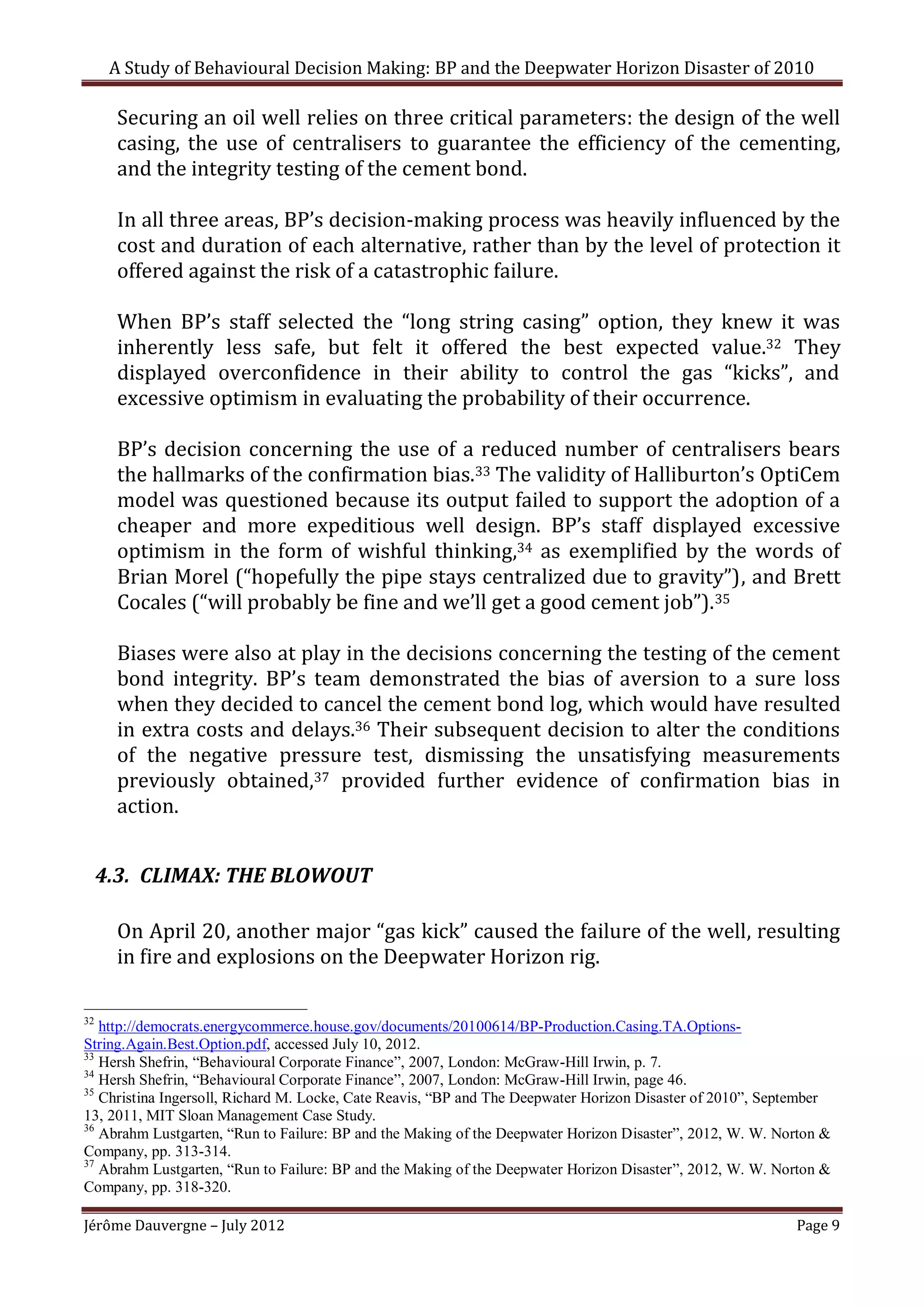 Deepwater Horizon Oil Spill: A Study of Behavioural Decision Making | PDF