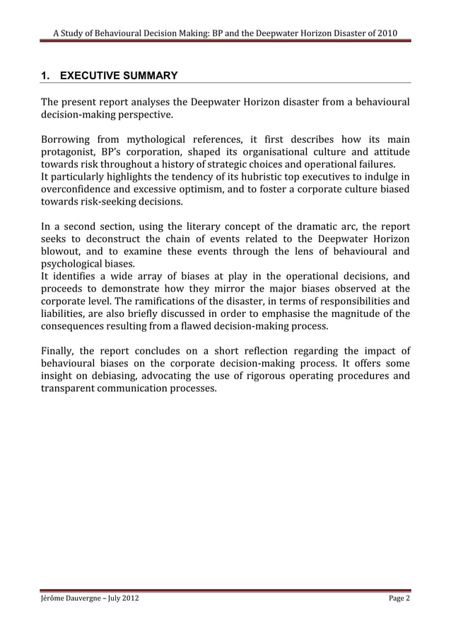 Deepwater Horizon Oil Spill: A Study of Behavioural Decision Making | PDF