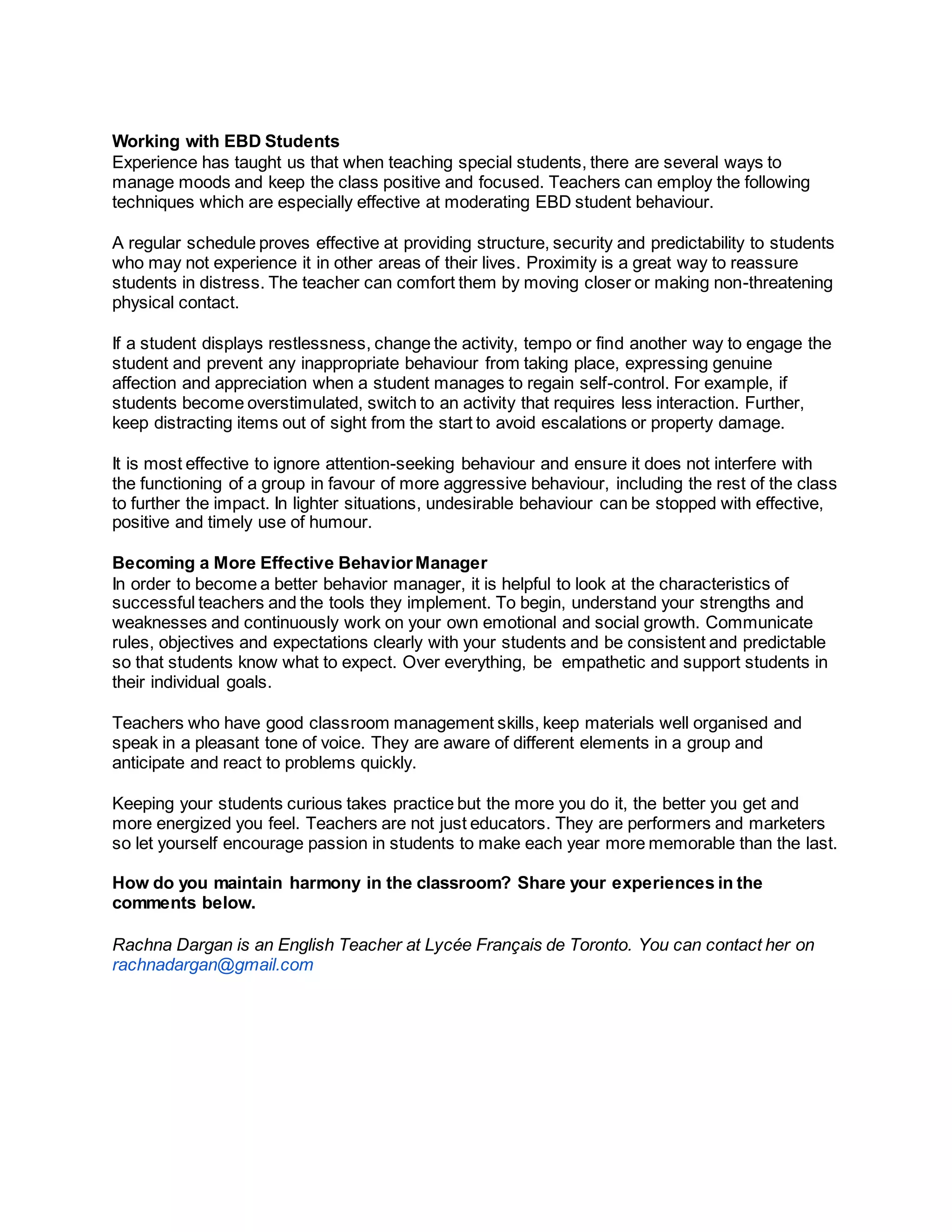 Behaviour management strategies for the classroom | DOCX