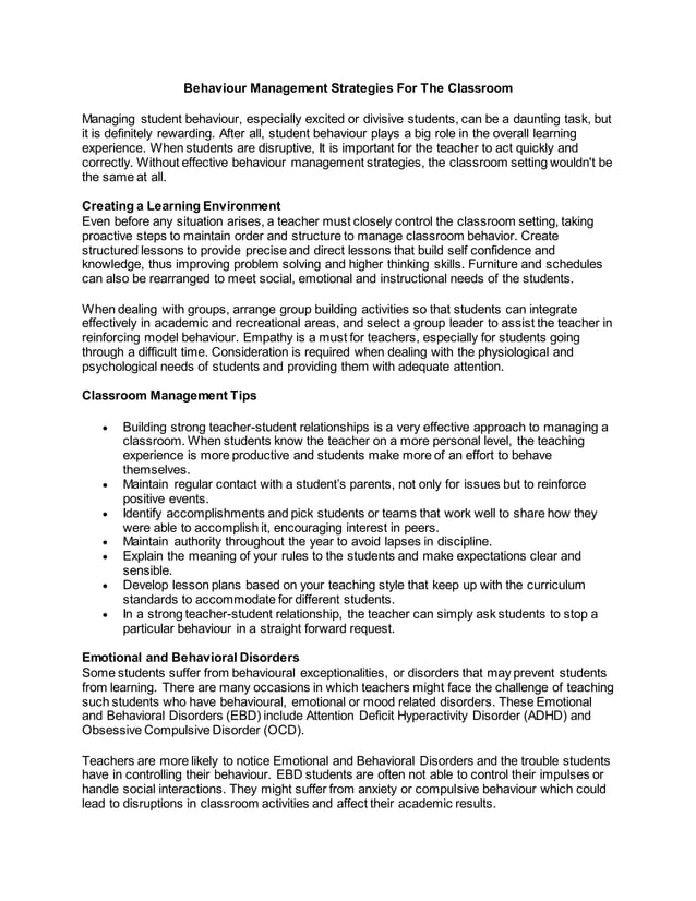 Behaviour management strategies for the classroom | DOCX