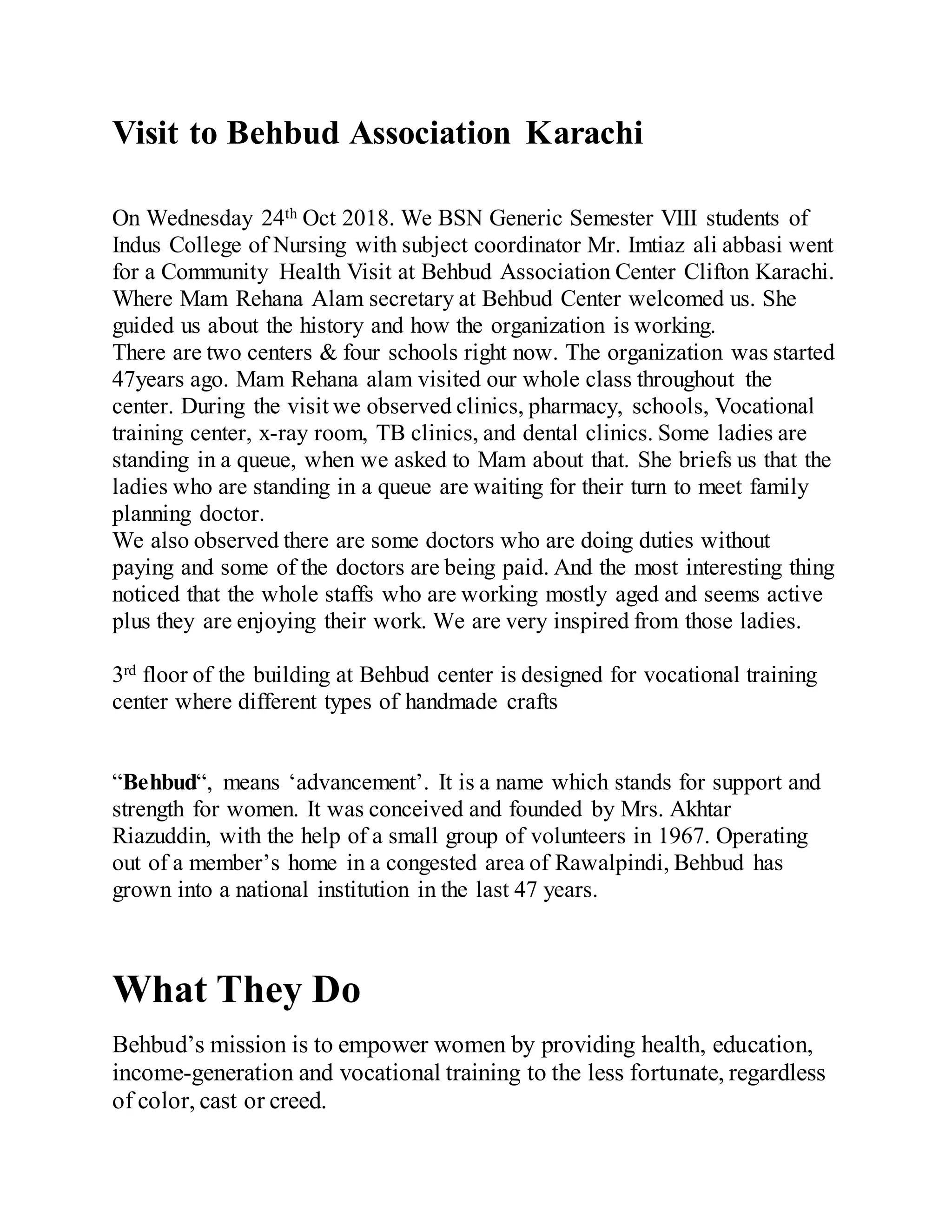 report of visit to Behbud association center Karachi by Maghan Das | PDF