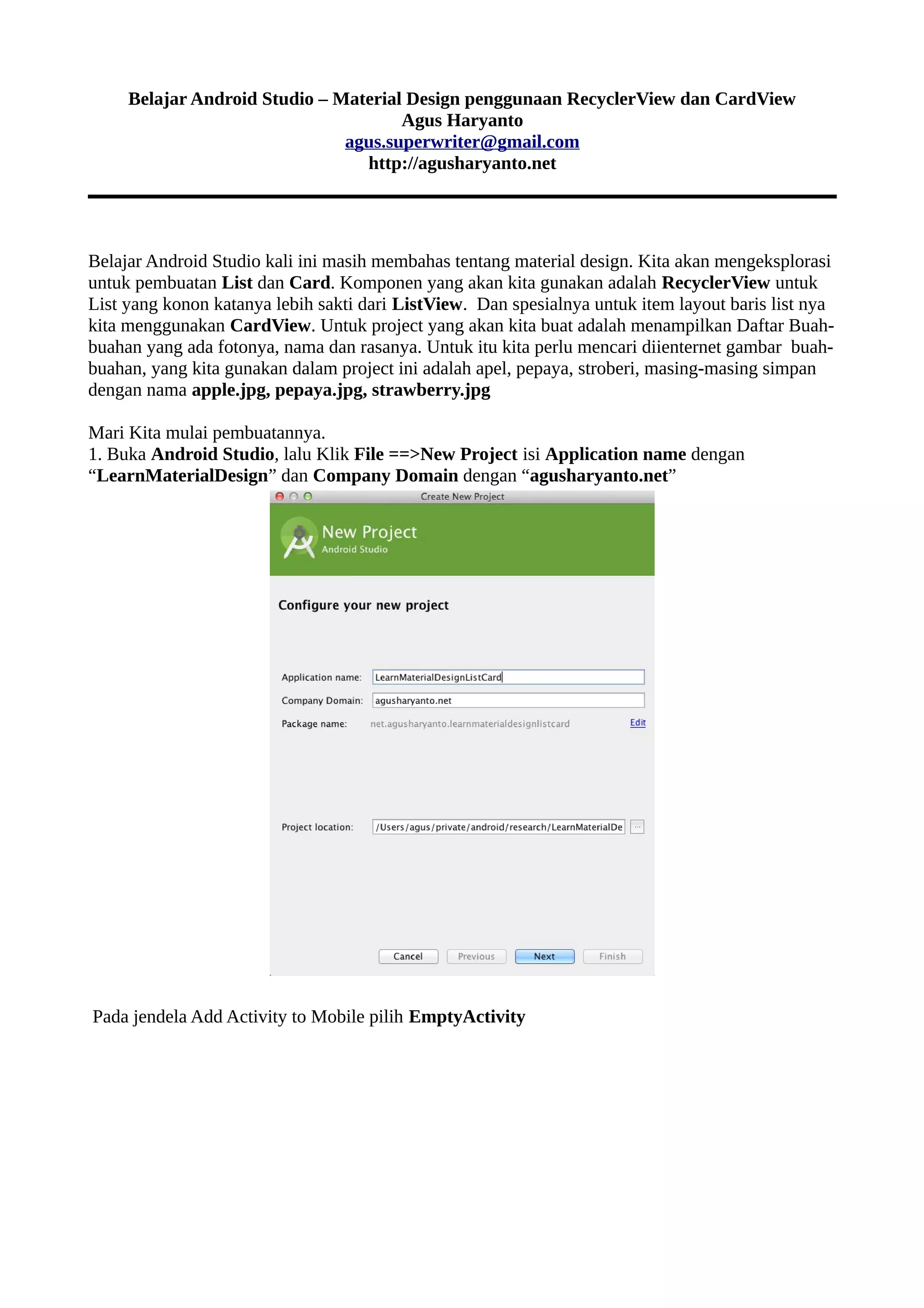 Belajar Android Studio Material Design Penggunaan RecyclerView dan Card ...