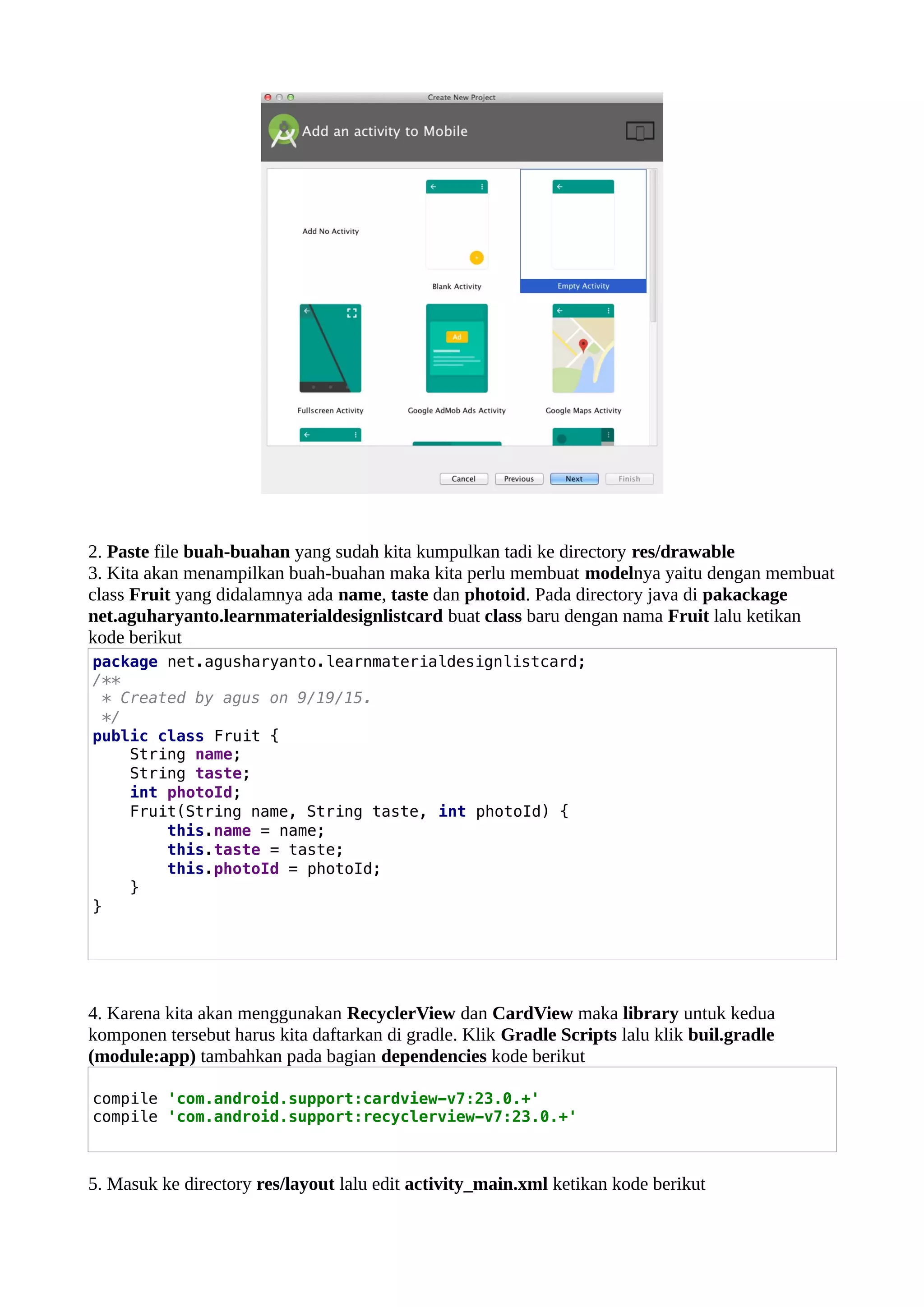 Belajar Android Studio Material Design Penggunaan RecyclerView dan Card ...