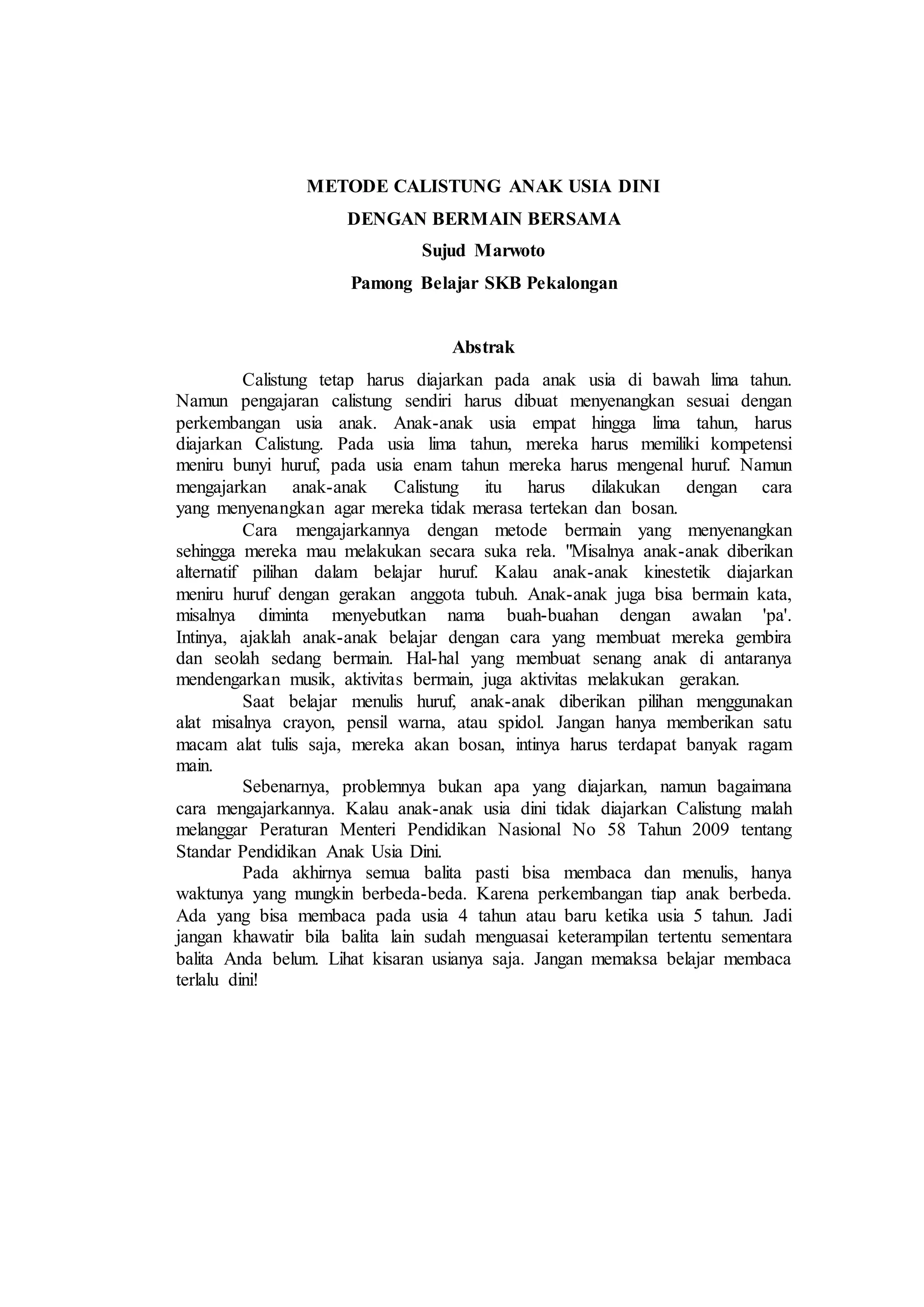 Belajar calistung pada PAUD | DOCX