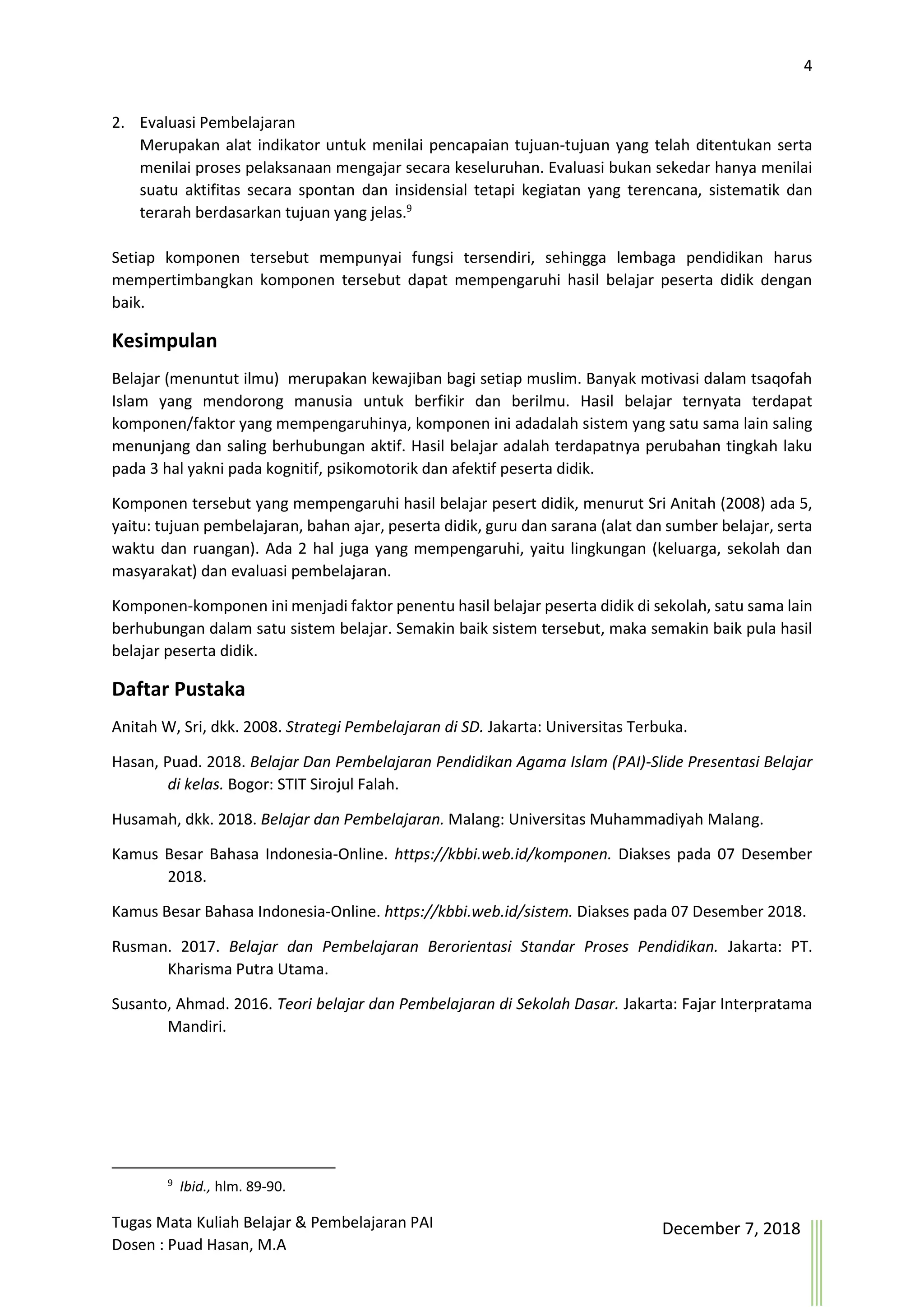 Belajar dan pembelajaran meninjau faktor penentu hasil belajar peserta didik di sekolah | PDF