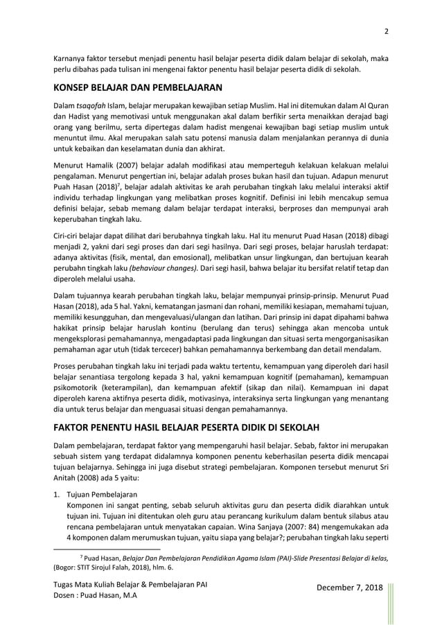 Belajar dan pembelajaran meninjau faktor penentu hasil belajar peserta didik di sekolah | PDF