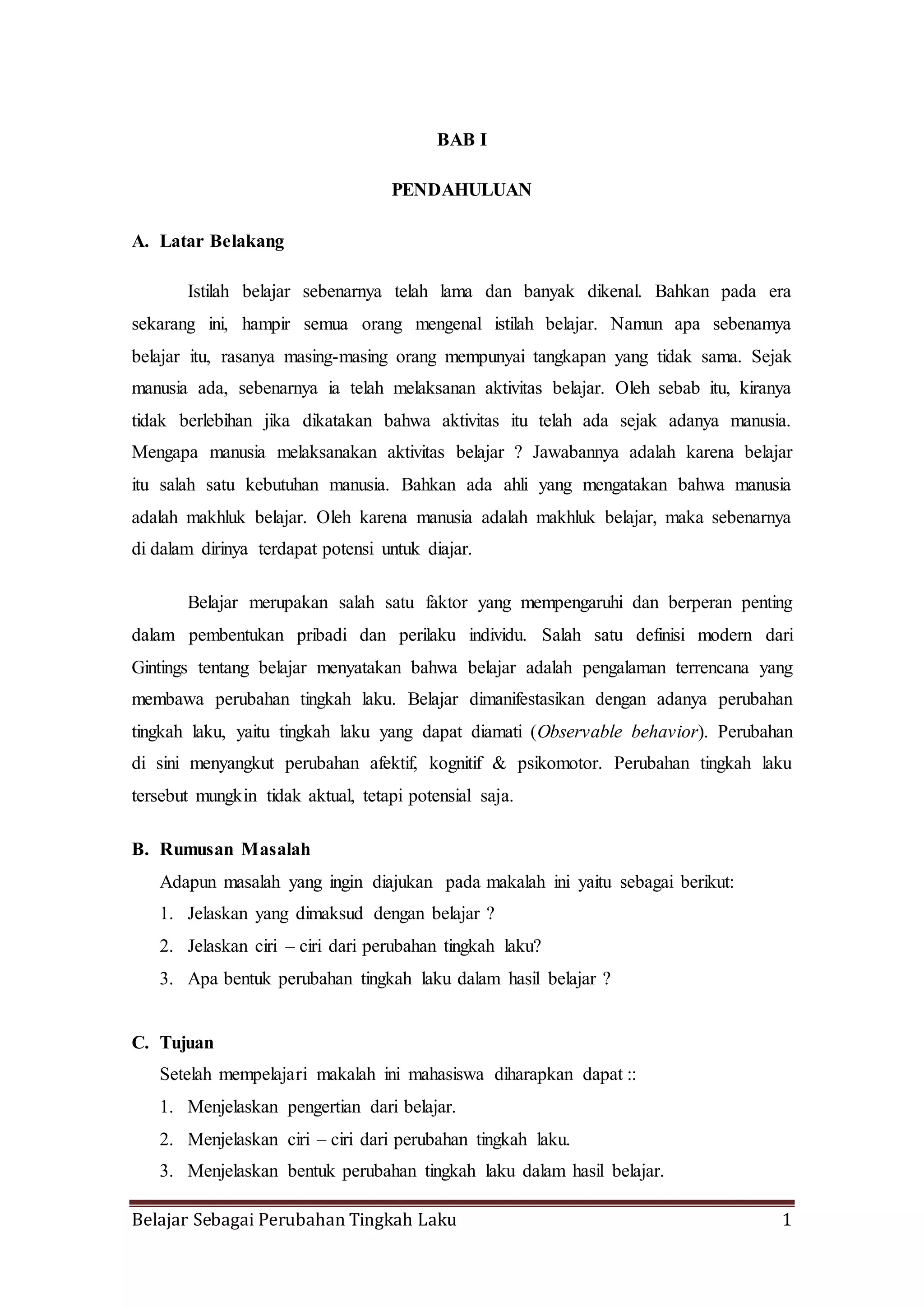 Belajar Sebagai Perubahan Tingkah Laku (Makalah Belajar dan Pembelajaran) | DOCX