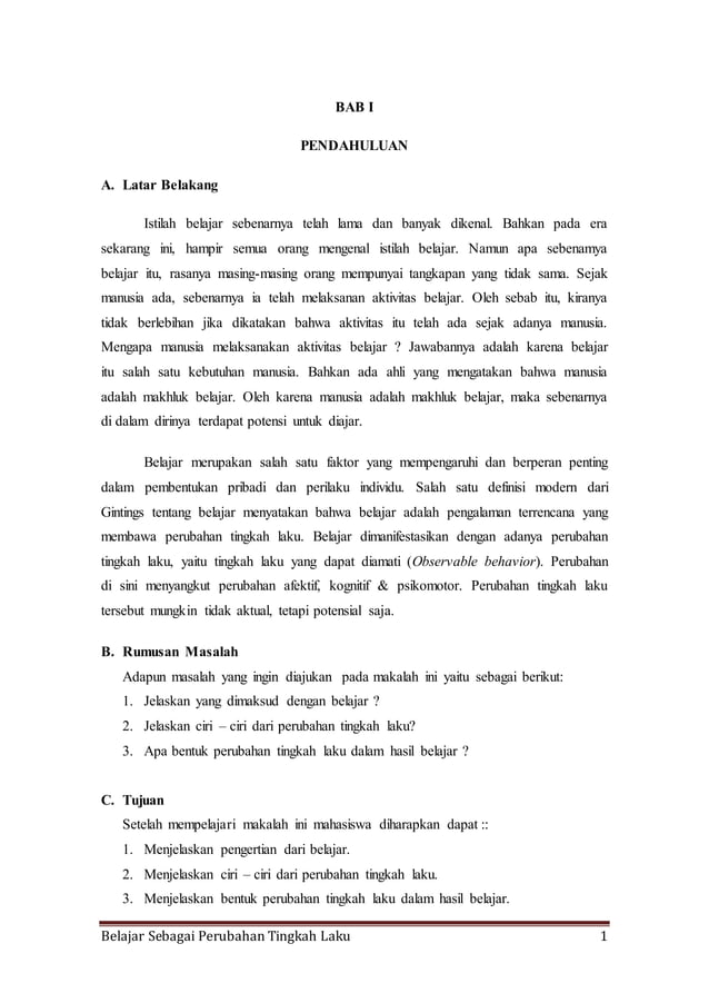 Belajar Sebagai Perubahan Tingkah Laku (Makalah Belajar dan Pembelajaran) | DOCX