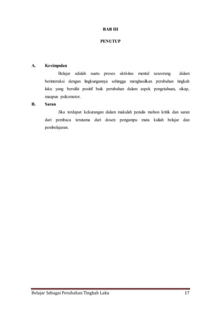 Belajar Sebagai Perubahan Tingkah Laku (Makalah Belajar dan Pembelajaran) | DOCX