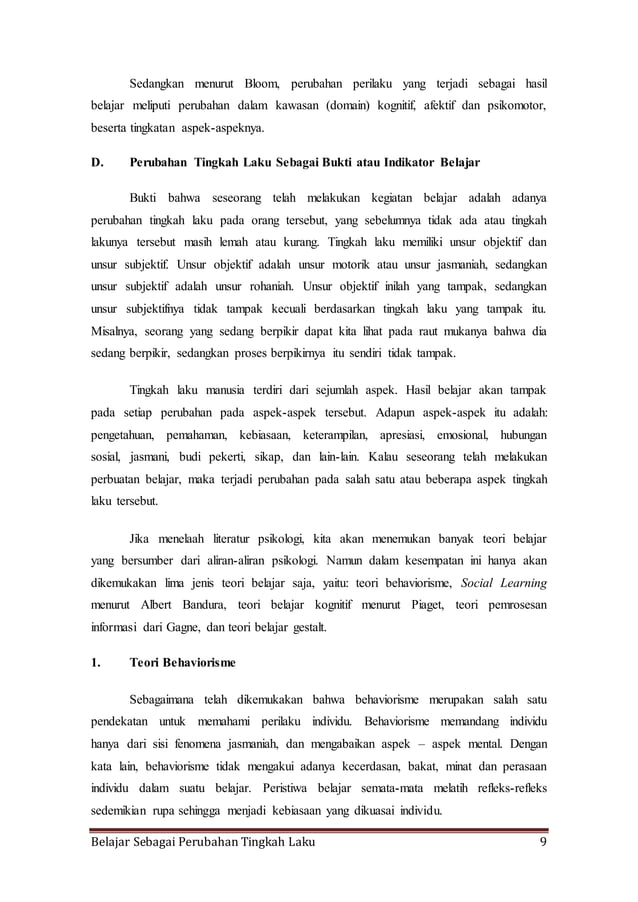 Belajar Sebagai Perubahan Tingkah Laku (Makalah Belajar dan Pembelajaran) | DOCX