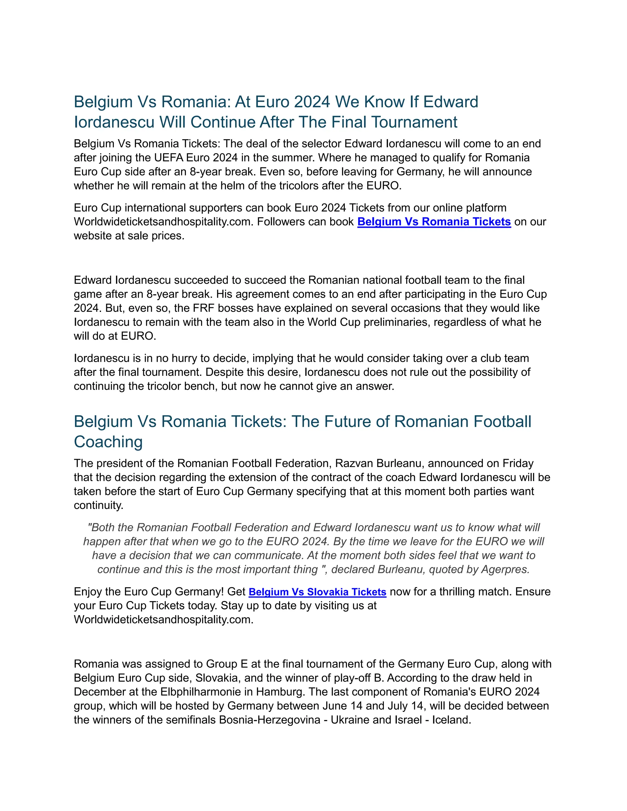 Belgium Vs Romania-At Euro 2024 We Know If Edward Iordanescu Will Continue After The Final ...