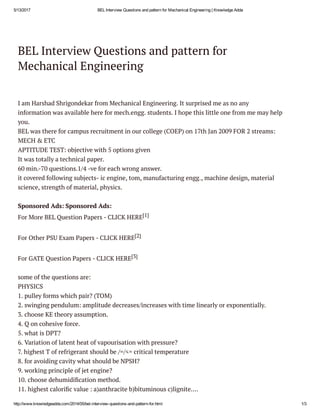 Bel interview questions and pattern for mechanical engineering ...