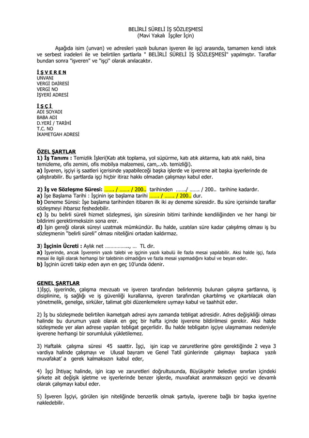 Belirli sureli is sozlesmesi ornegi mavi yaka | DOC