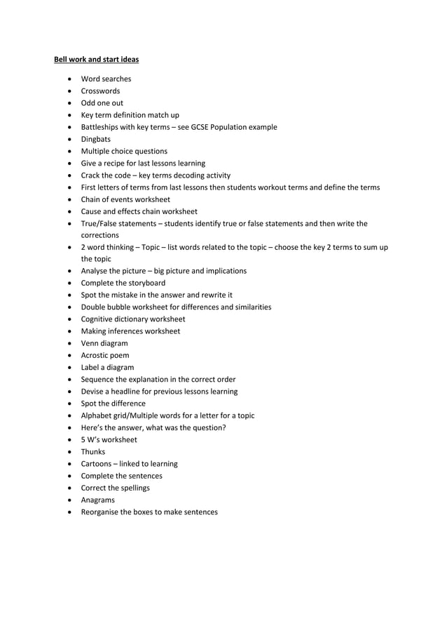 Bell work ideas | PDF