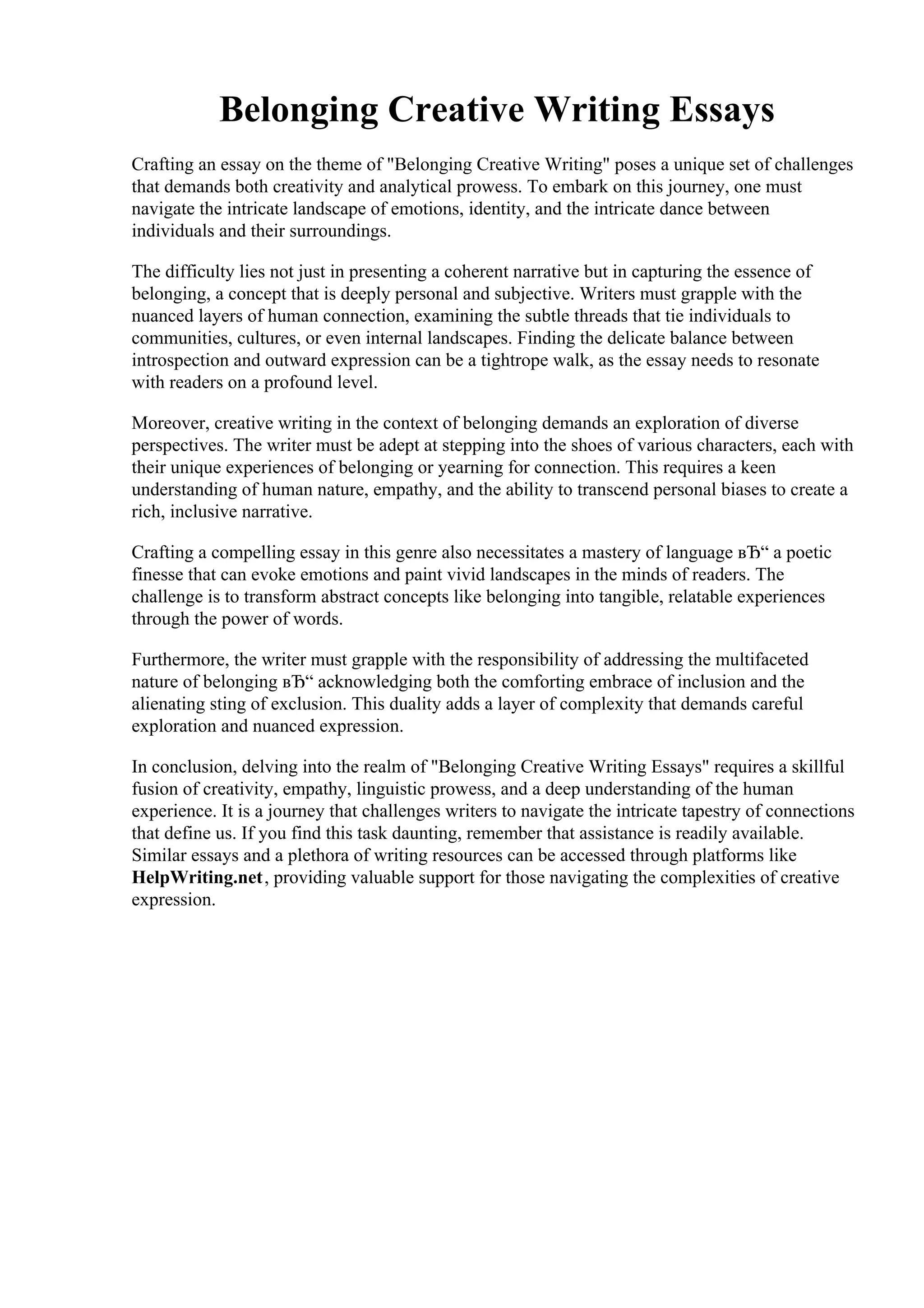 Belonging Creative Writing Essays | PDF