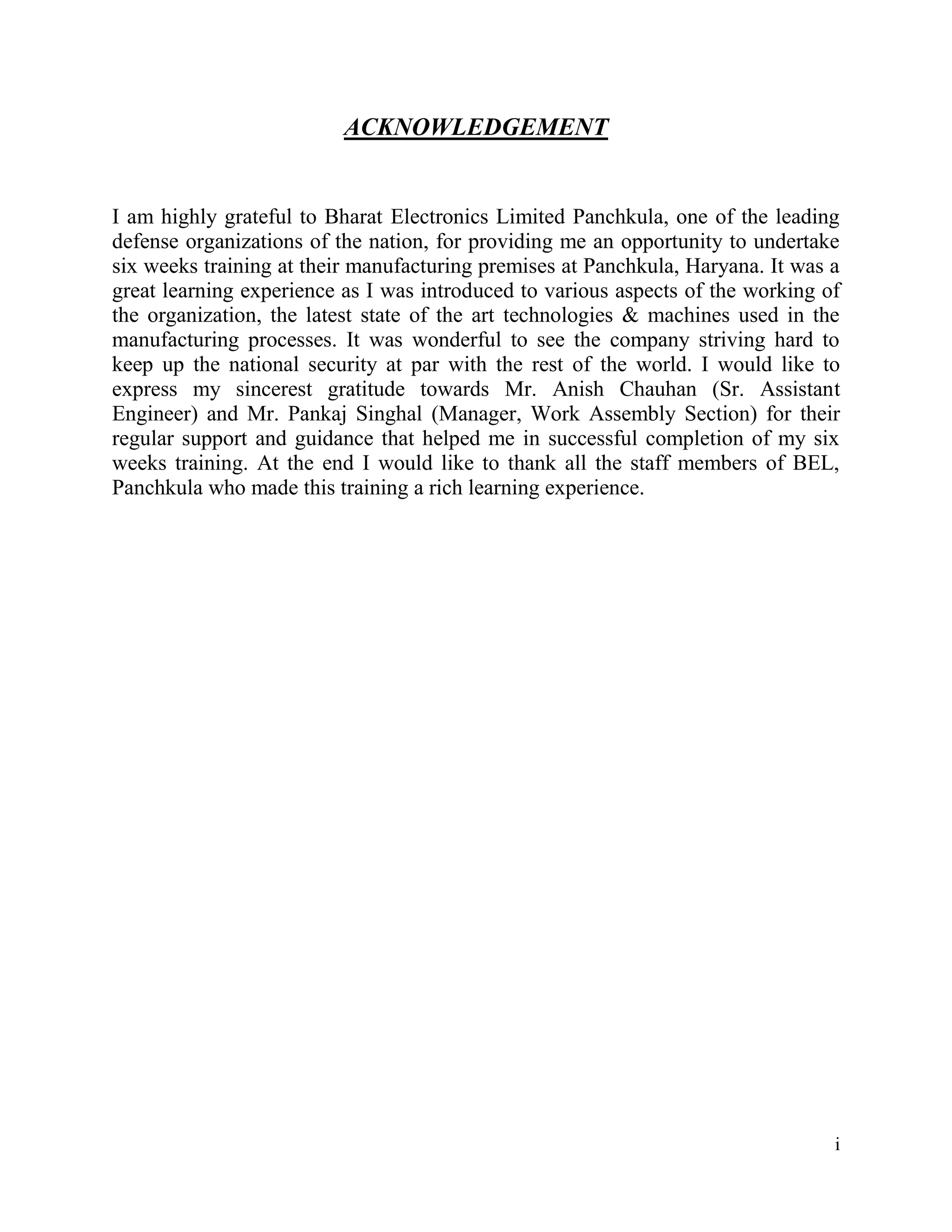 Bharat Electronics Limited (BEL) : Training Report | DOCX