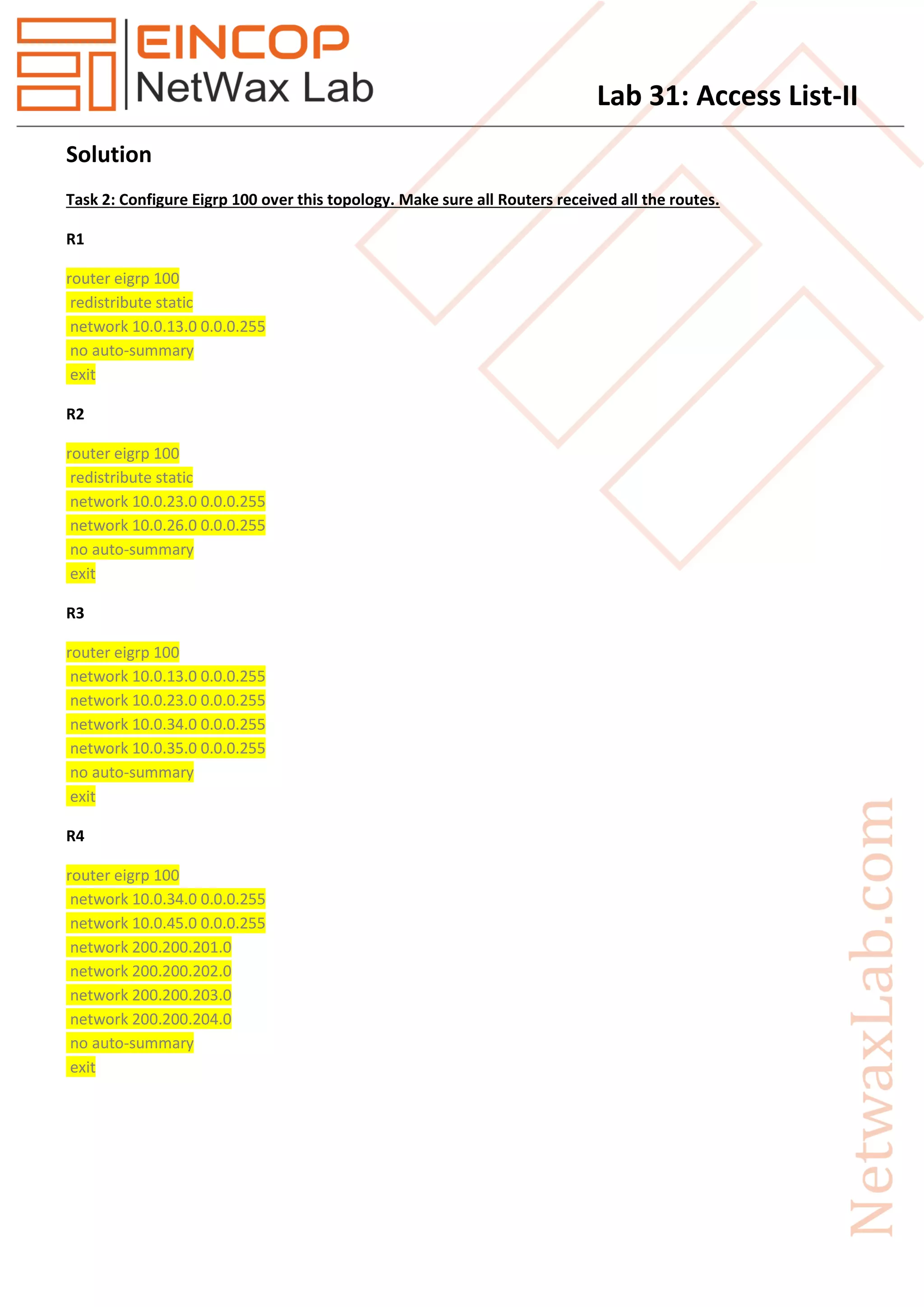 Eincop Netwax Lab: Access List ii | PDF