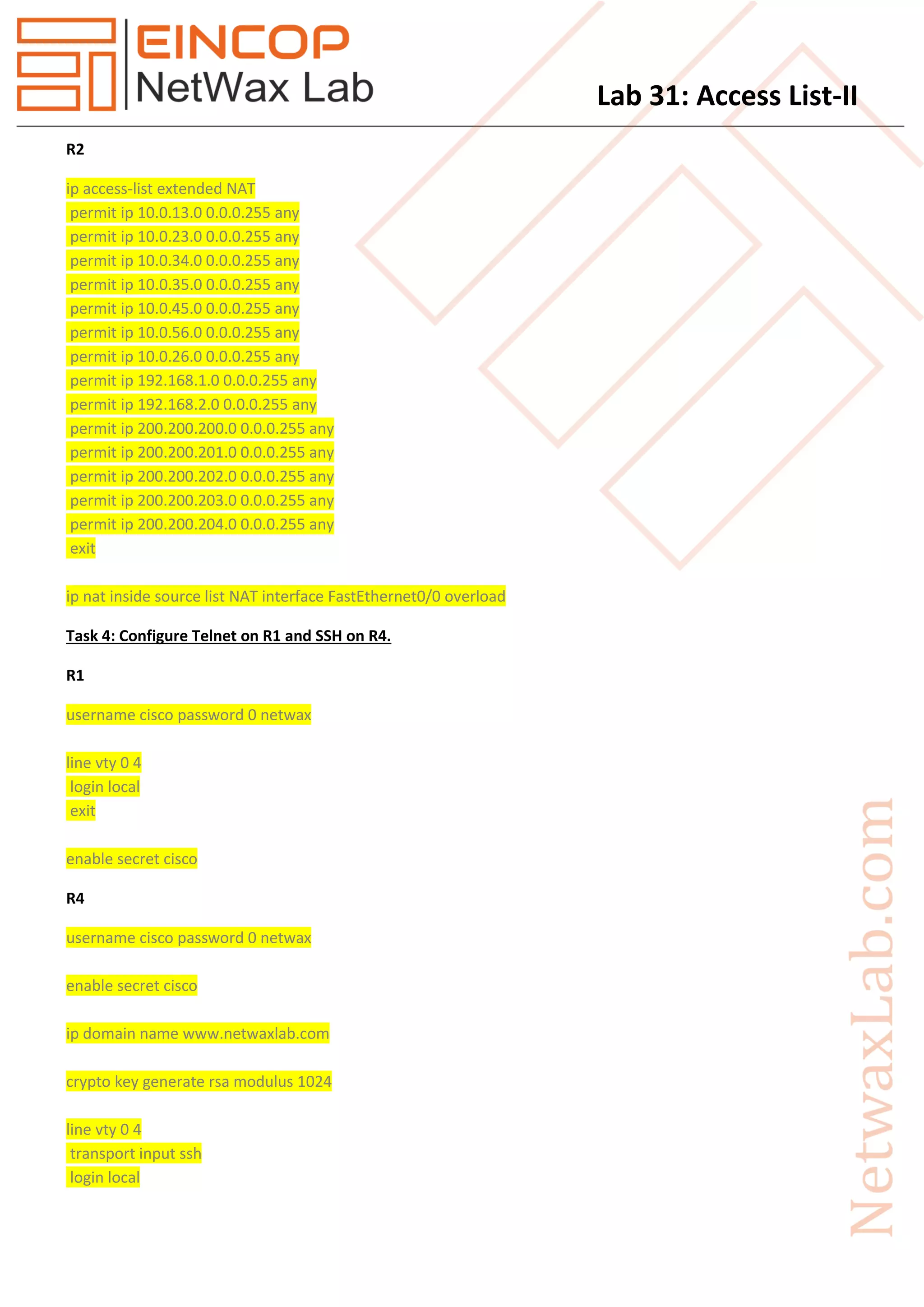 Eincop Netwax Lab: Access List ii | PDF